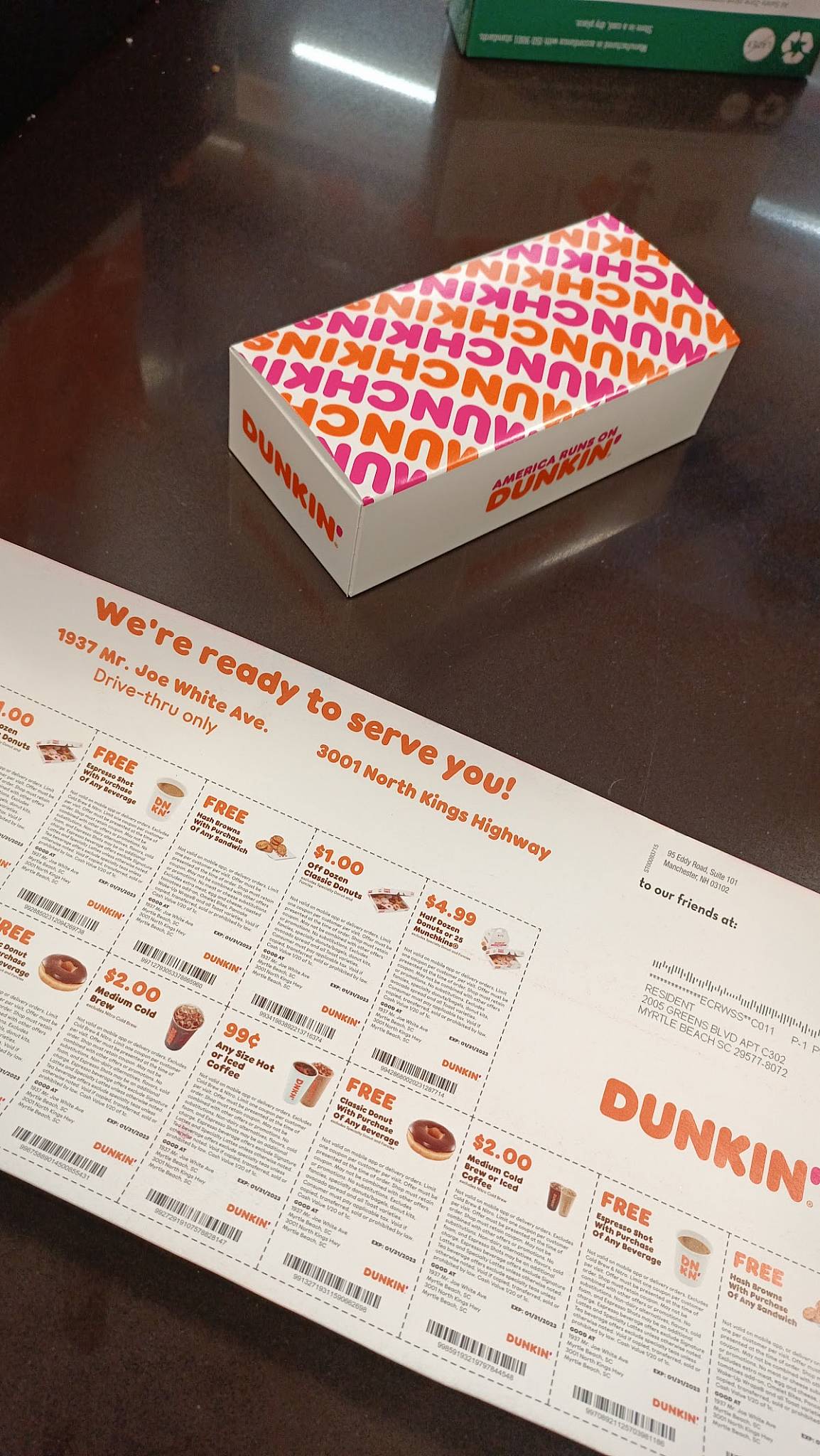 Menu at Dunkin' fast food, Conway, 1477 SC-544