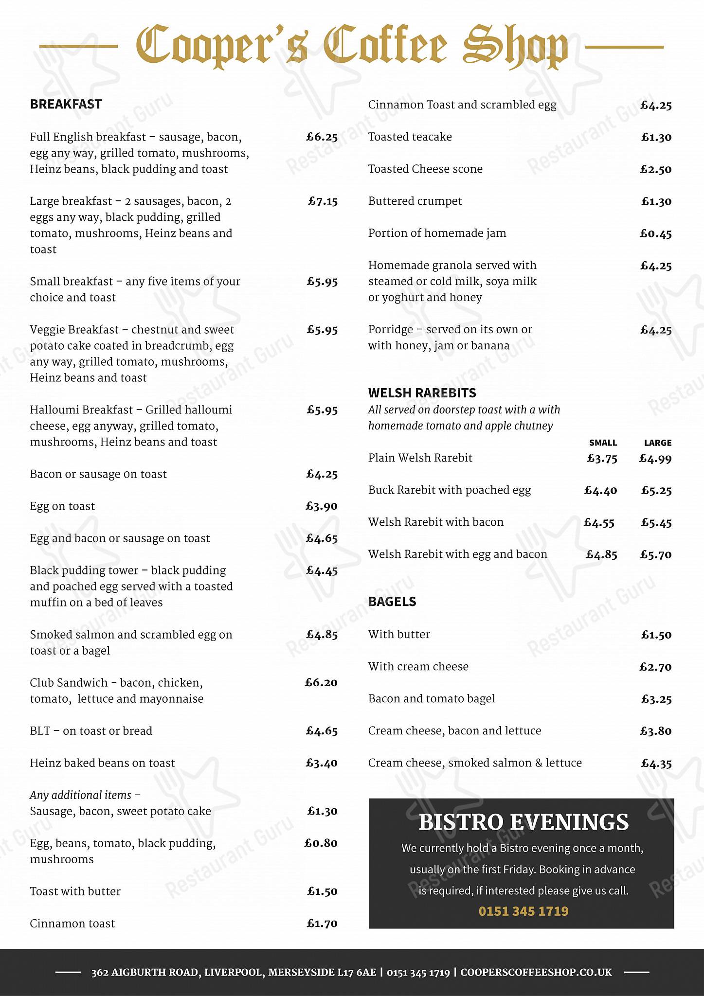 Menu at Cooper's Coffee Shop cafe, Liverpool