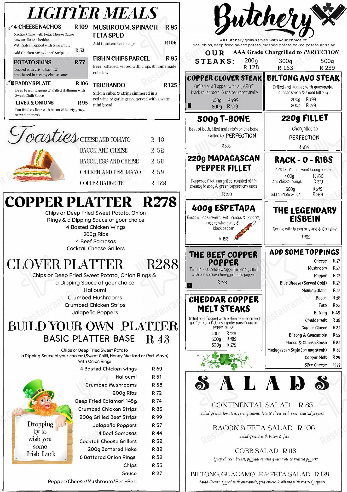Menu at Copper Clover restaurant, Bloemfontein