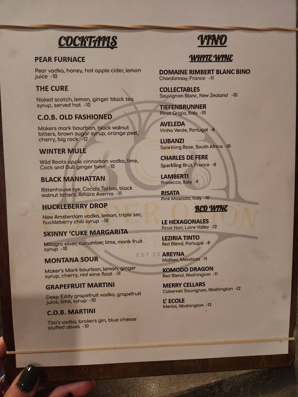 Menu at Copper Onion Bistro restaurant, Billings