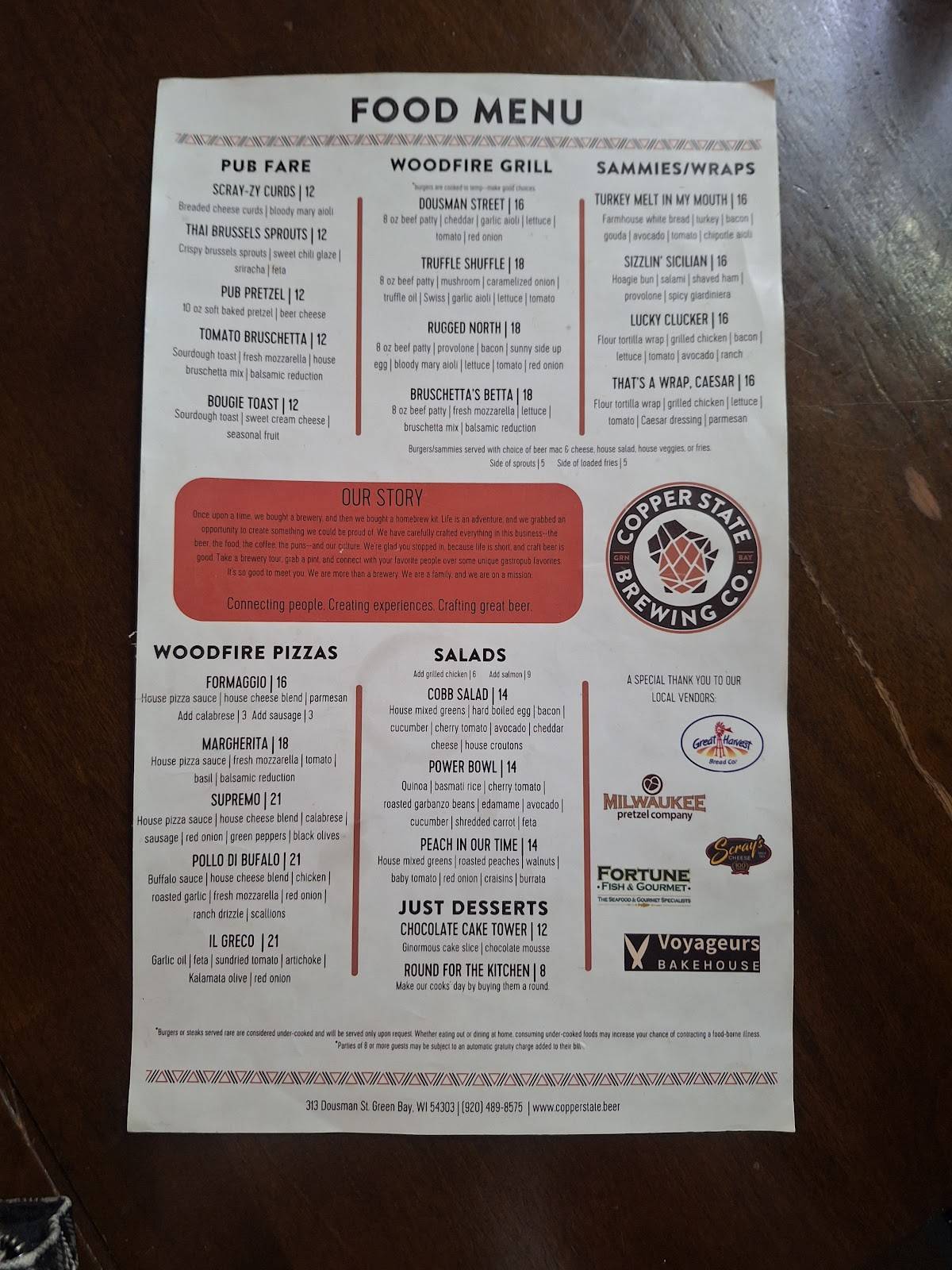 Menu at Copper State Brewing Co pub & bar, Green Bay