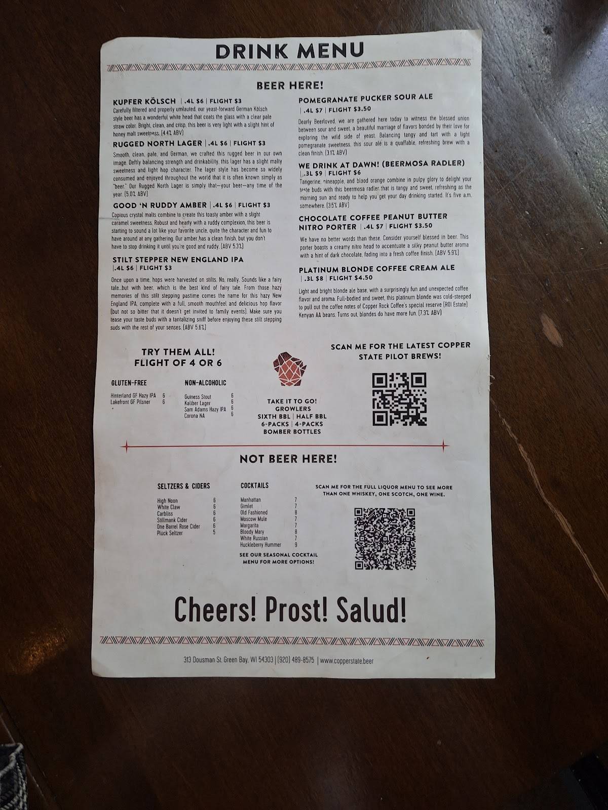 Menu at Copper State Brewing Co pub & bar, Green Bay