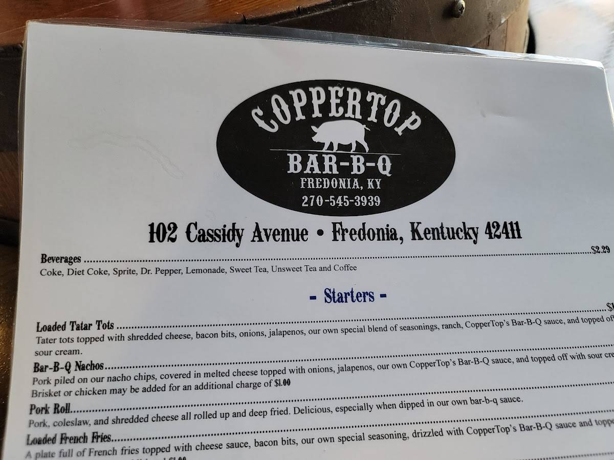 Menu at Coppertop Barbeque, Fredonia, 112 Cassidy Ave