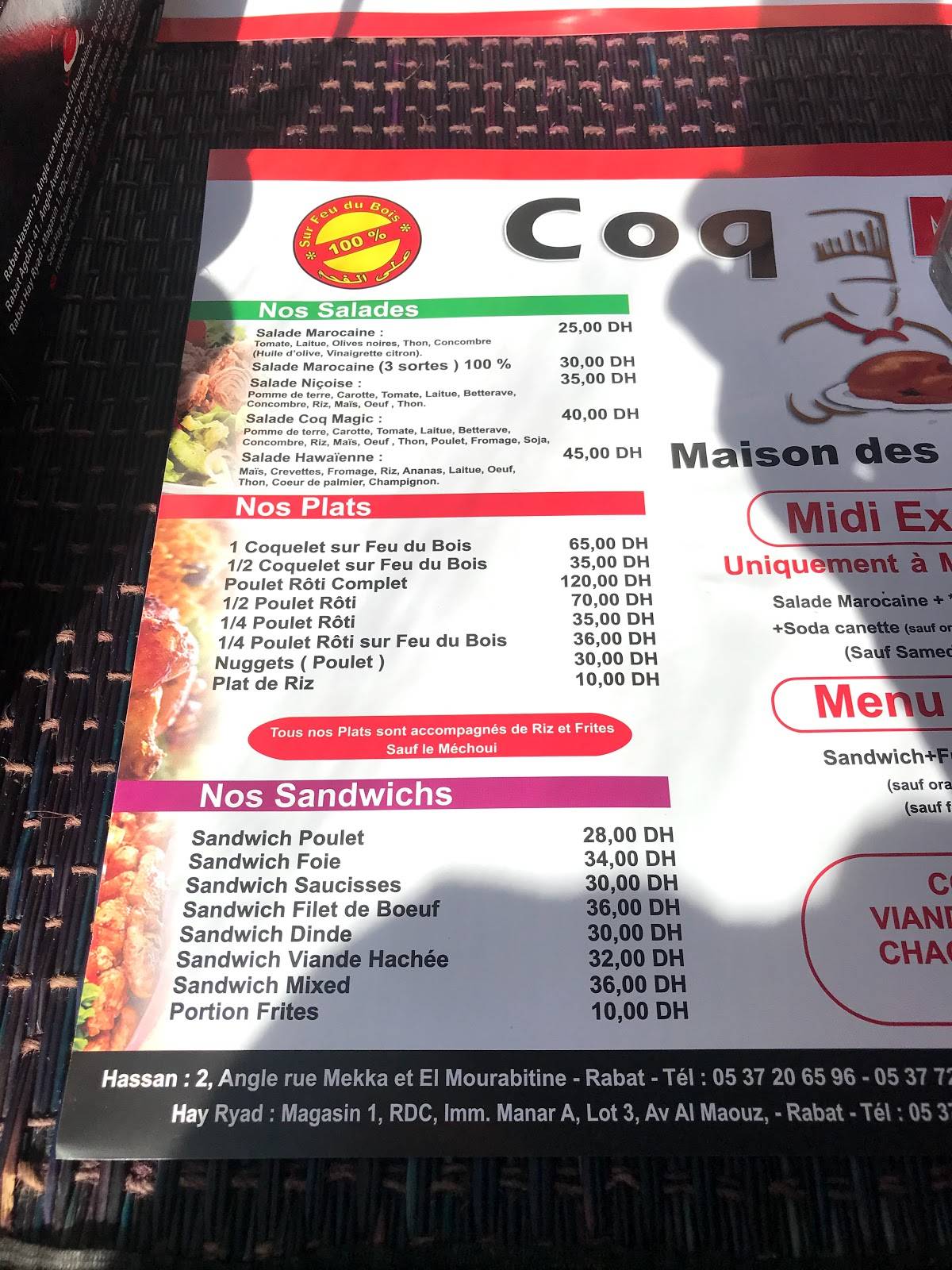 Menu au Coq Magic Hassan restaurant, Rabat, Angle Rue Mekka et Rue El ...