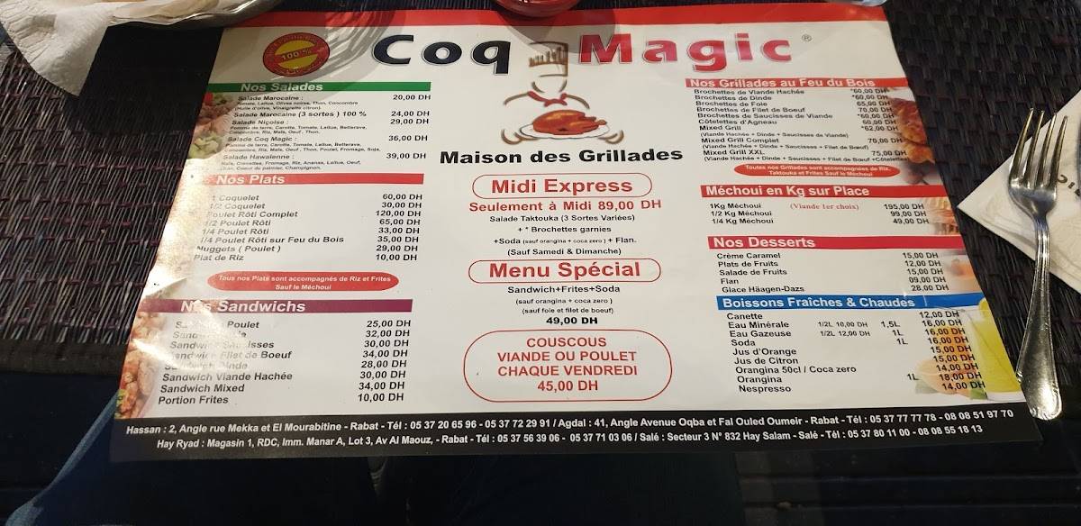 Menu au Coq Magic Hassan restaurant, Rabat, Angle Rue Mekka et Rue El ...