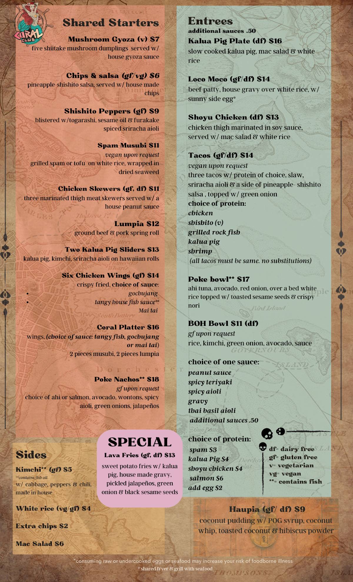 Menu at Coral Club, Vancouver