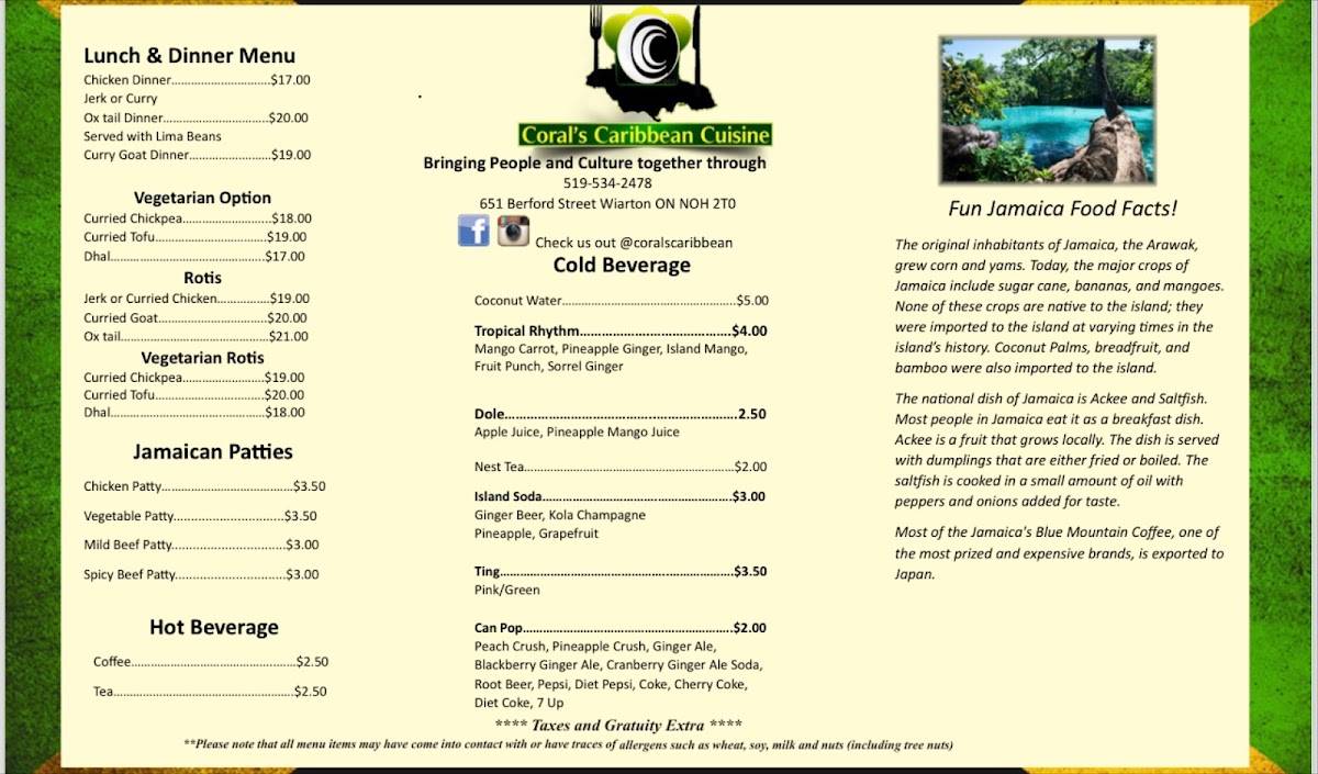 Menu at Coral's Caribbean Cuisine restaurant, Wiarton, 651 Berford St