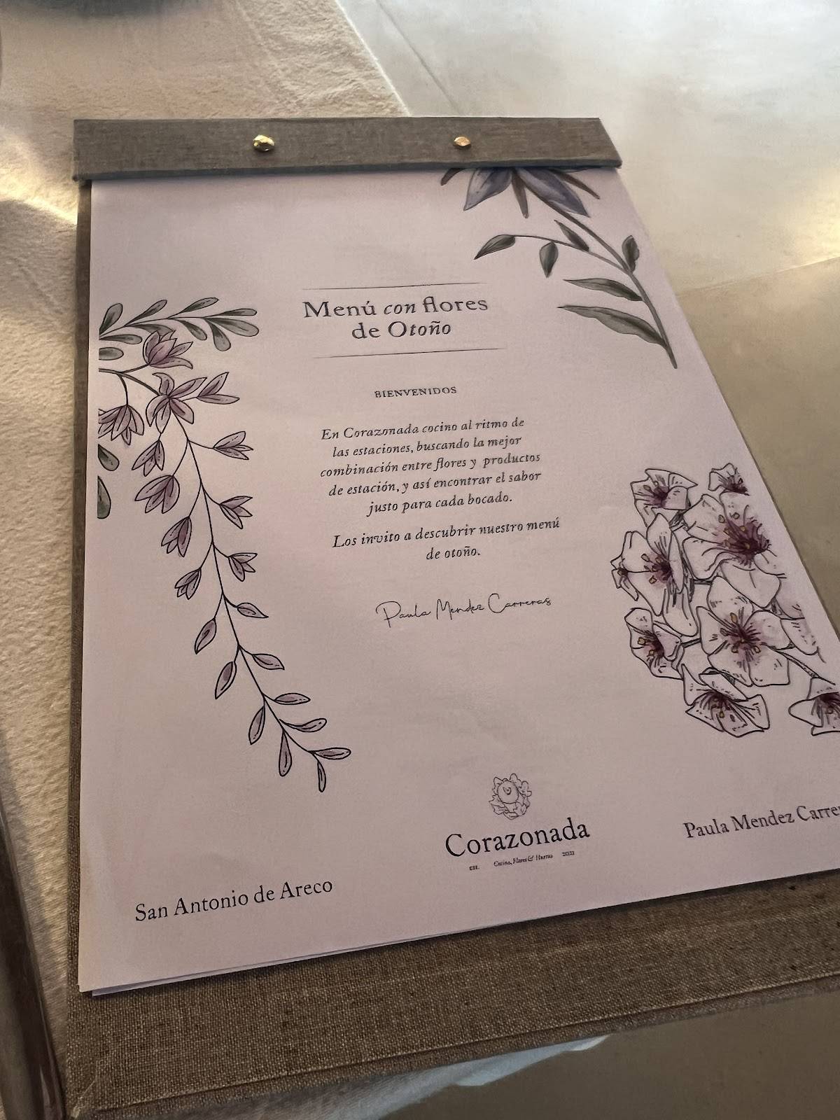 Carta del restaurante Corazonada, San Antonio del Areco