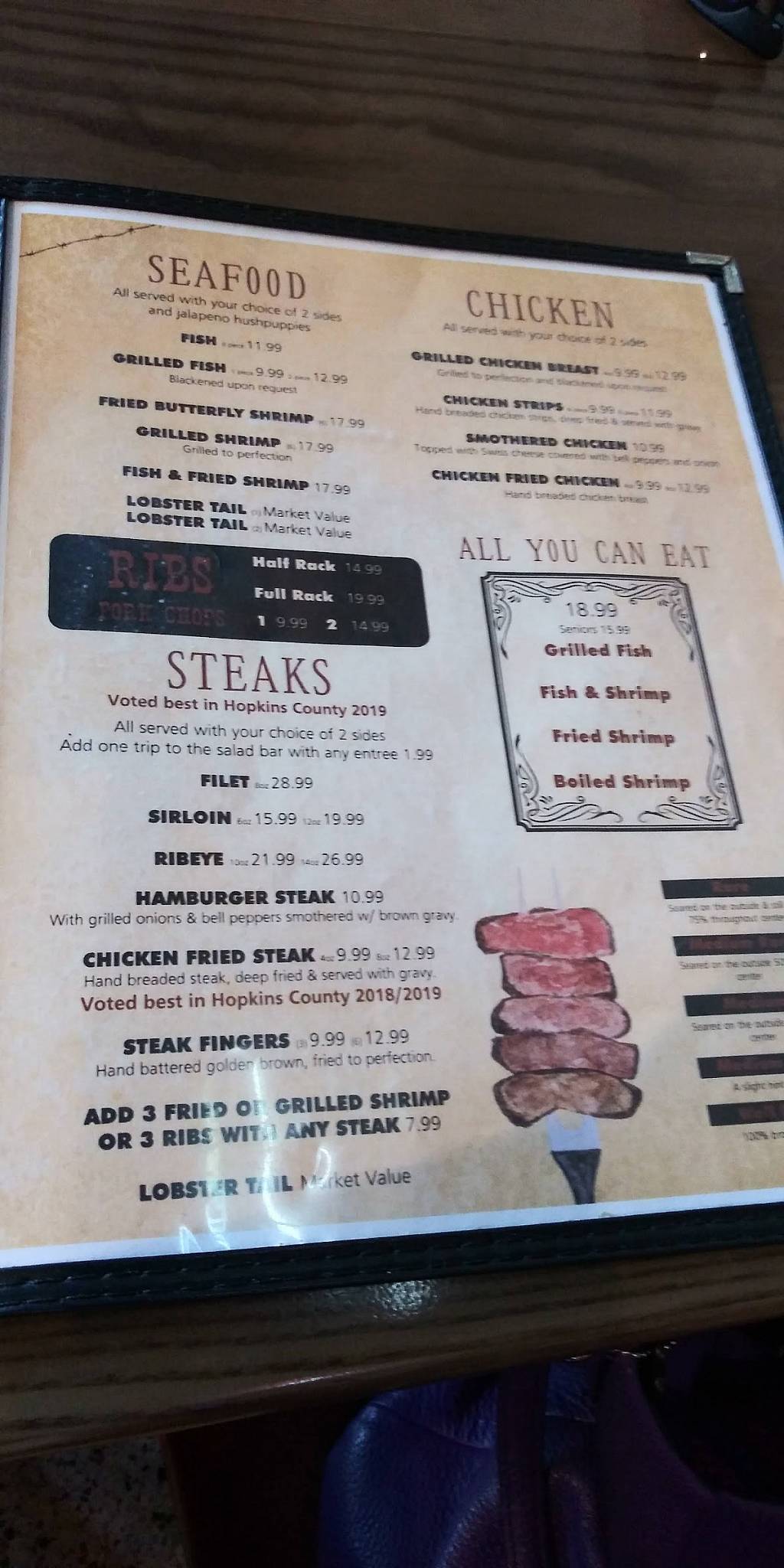 Menu at Corner Grub House steakhouse, Sulphur Springs