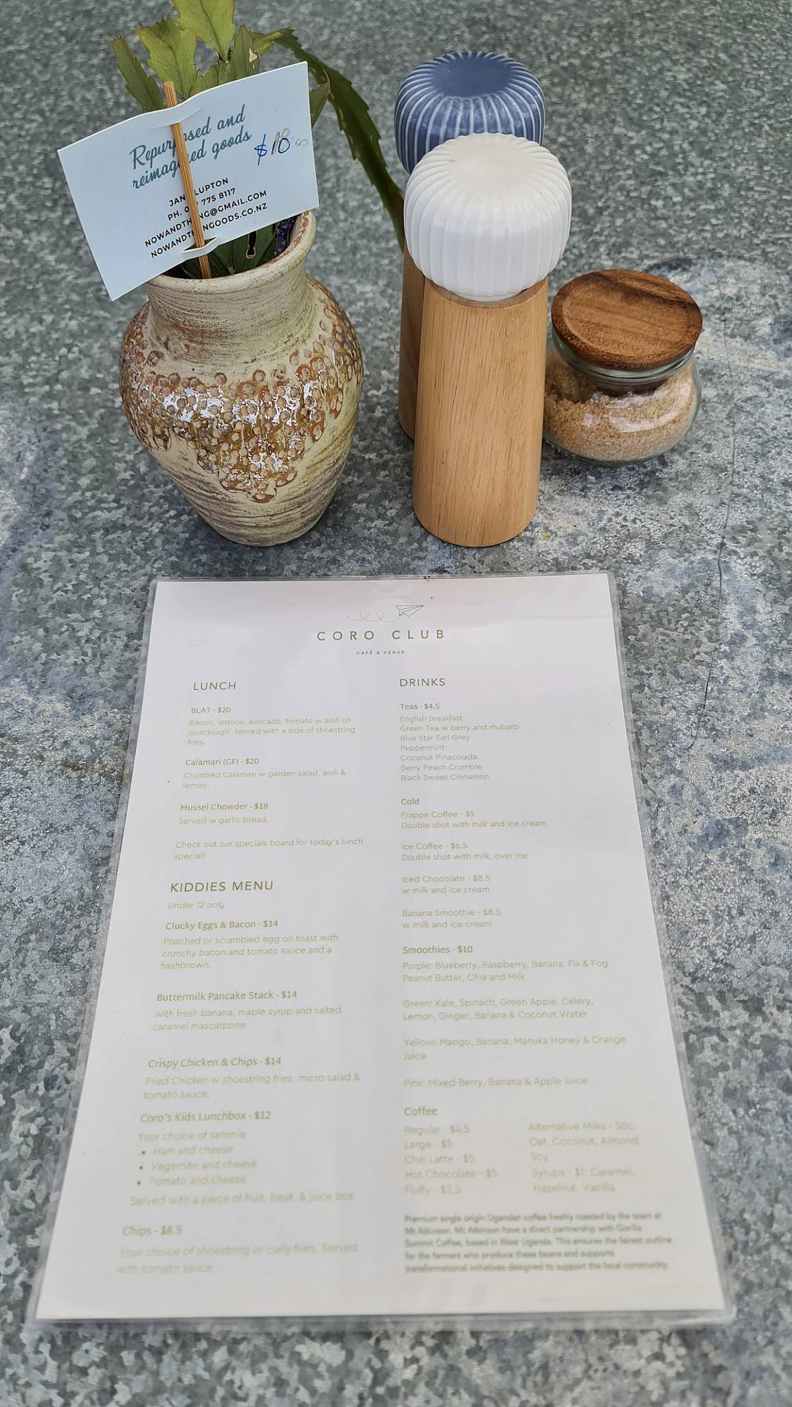 Menu at Coro Club - Café & Venue, Whitianga