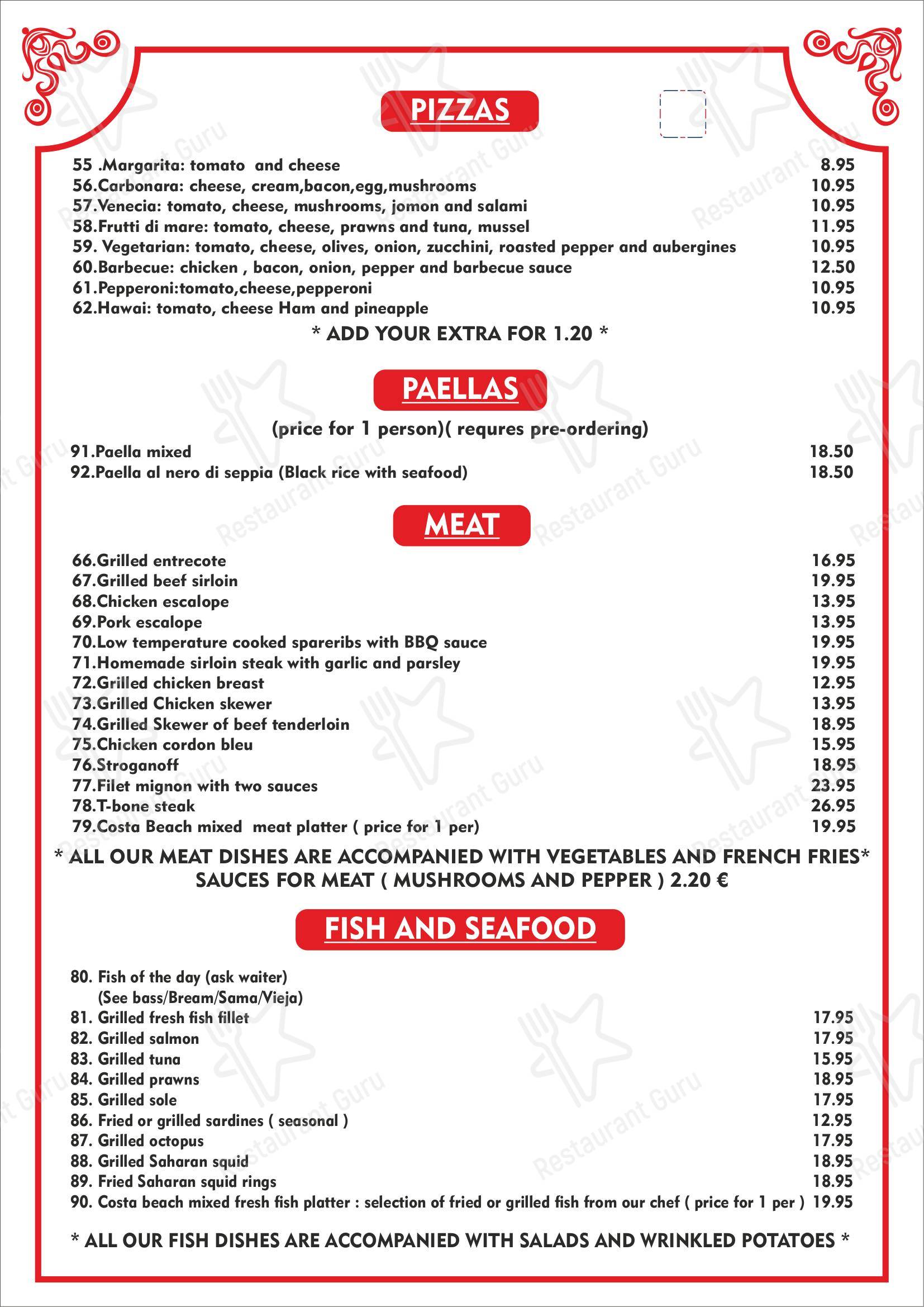 Carta de Restaurante Costa Beach, Costa Calma