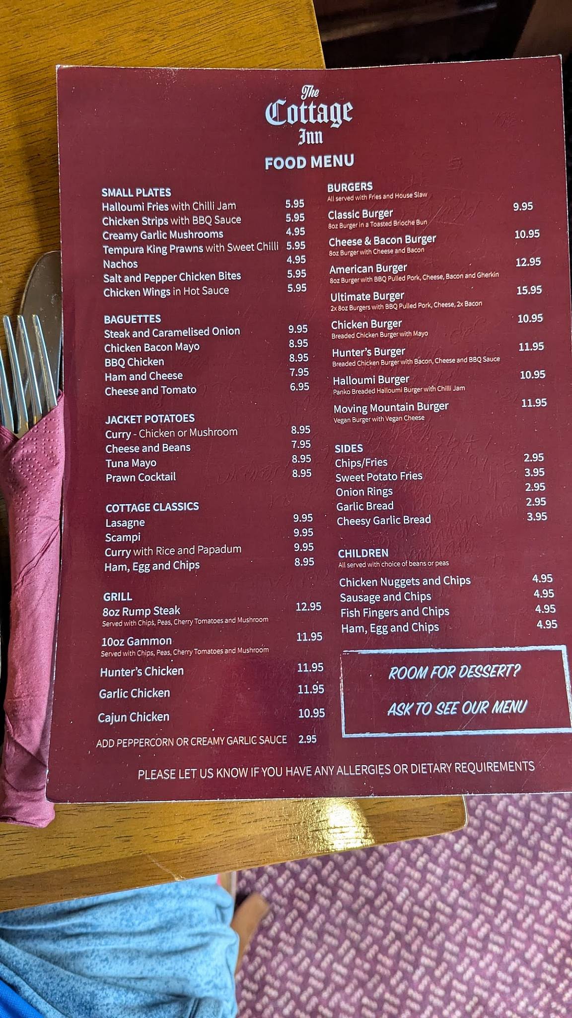 Menu at Cottage Inn pub & bar, Ammanford