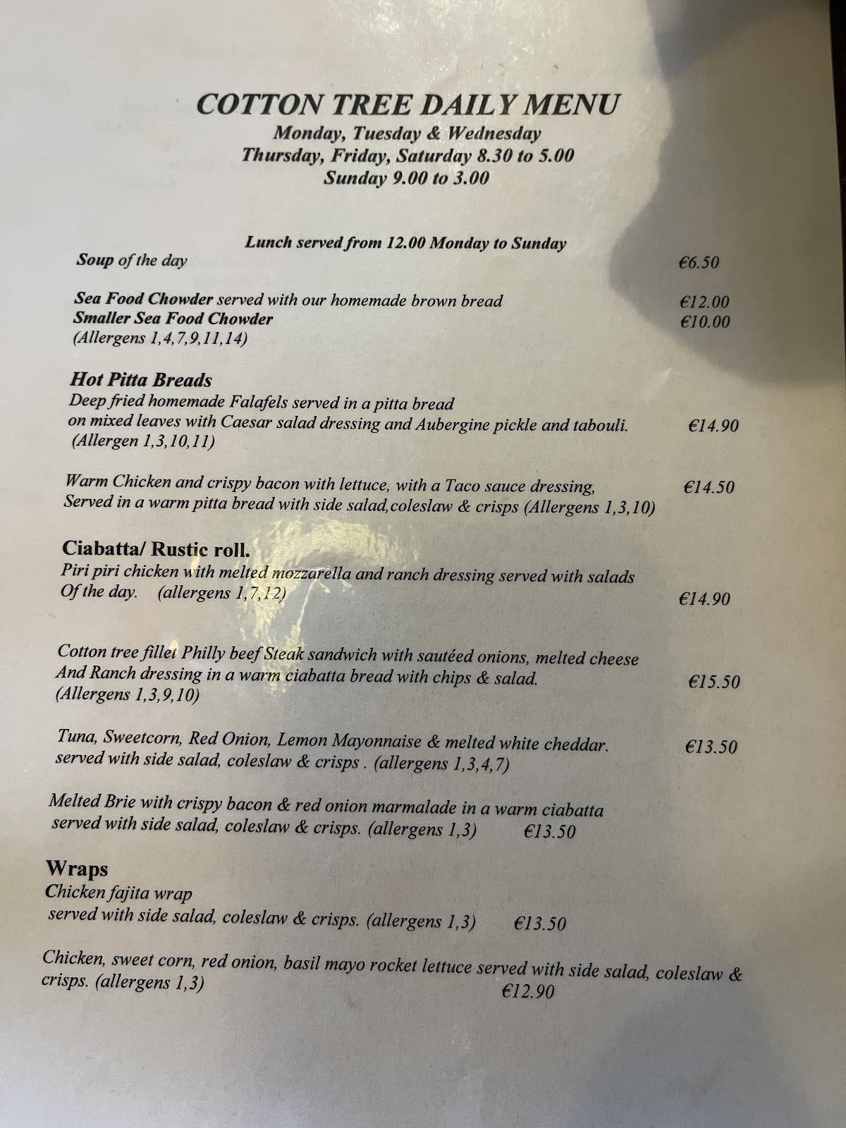 Menu at Cotton Tree Cafe, Enniscorthy