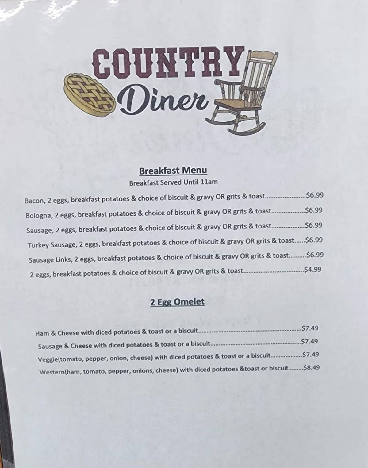Menu at Country Diner restaurant, Morehead