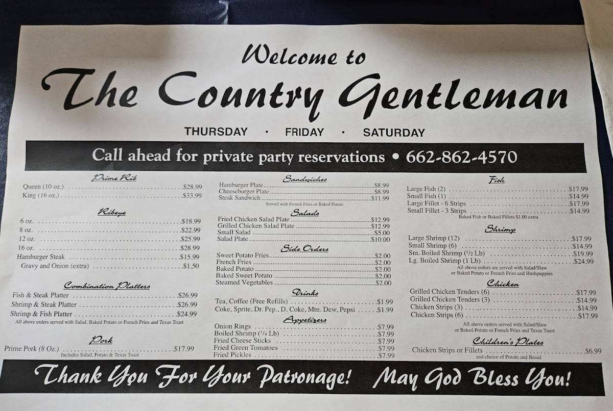 Menu at Country Gentleman Fish and Steak House steakhouse, Fulton, MS-25