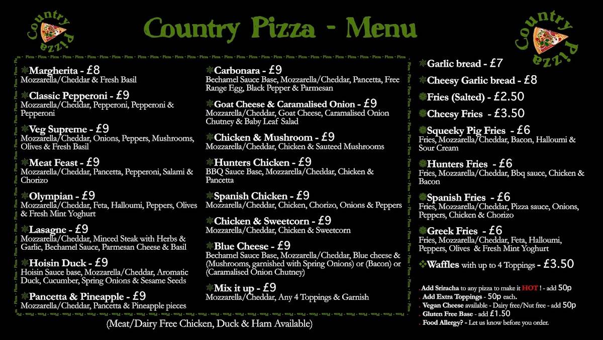 Menu at Country Pizza pizzeria, Todmorden, 1 White Hart Fold