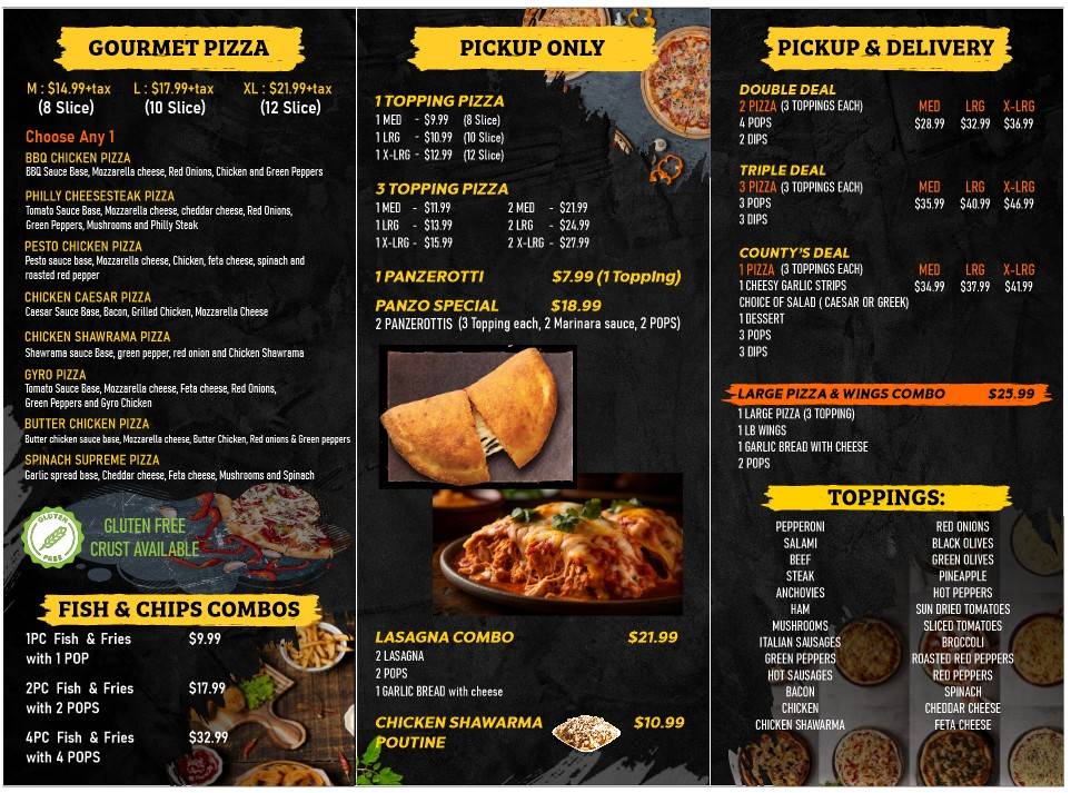 Menu at County pizza pizzeria, Stratford