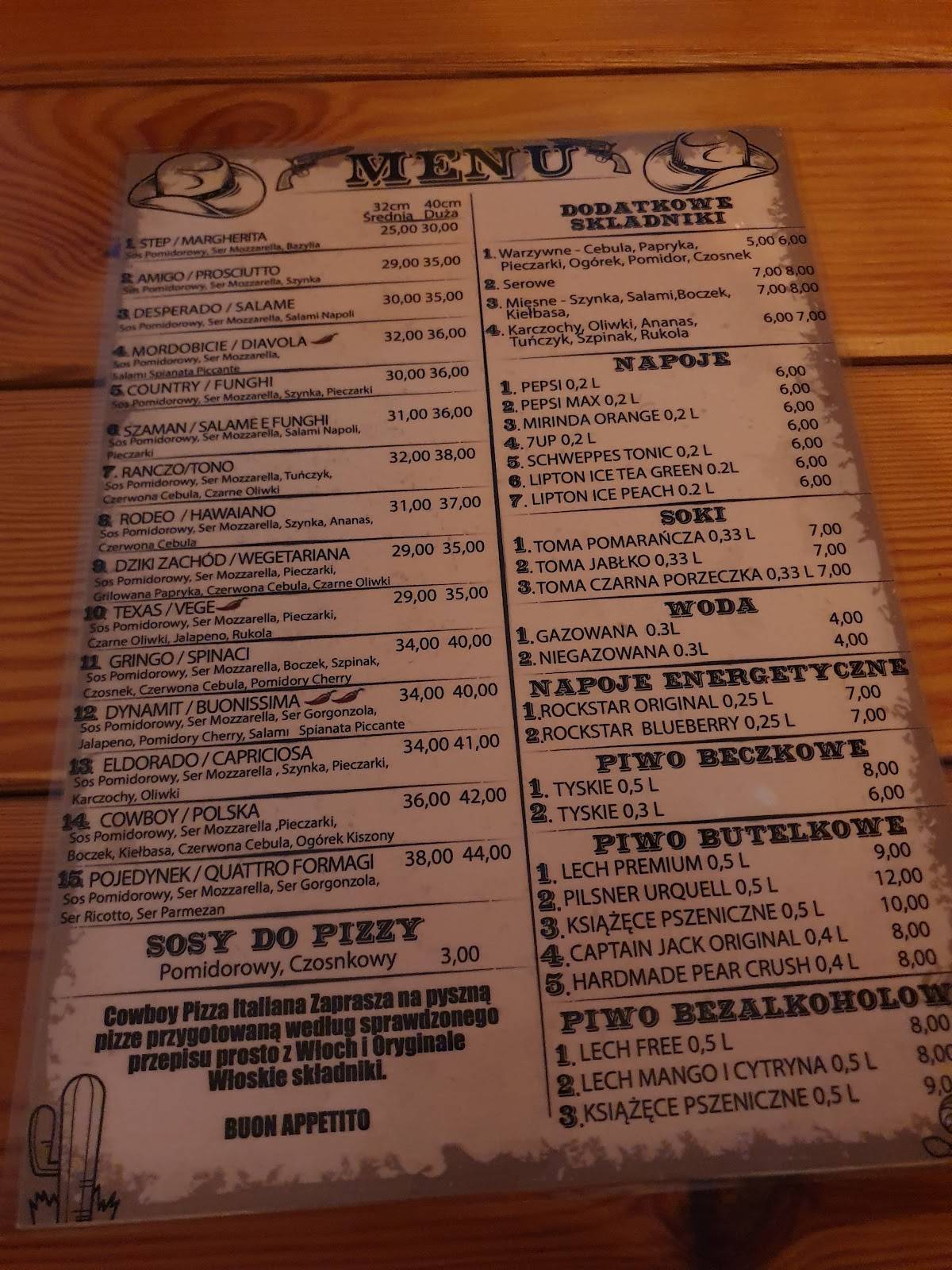 Menu at Cowboy Pizza Italiana restaurant, Woźniki