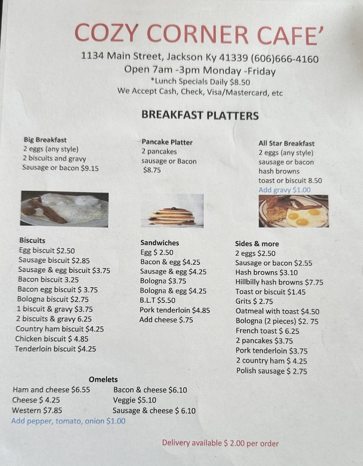 Menu at Cozy Corner Cafe, Jackson