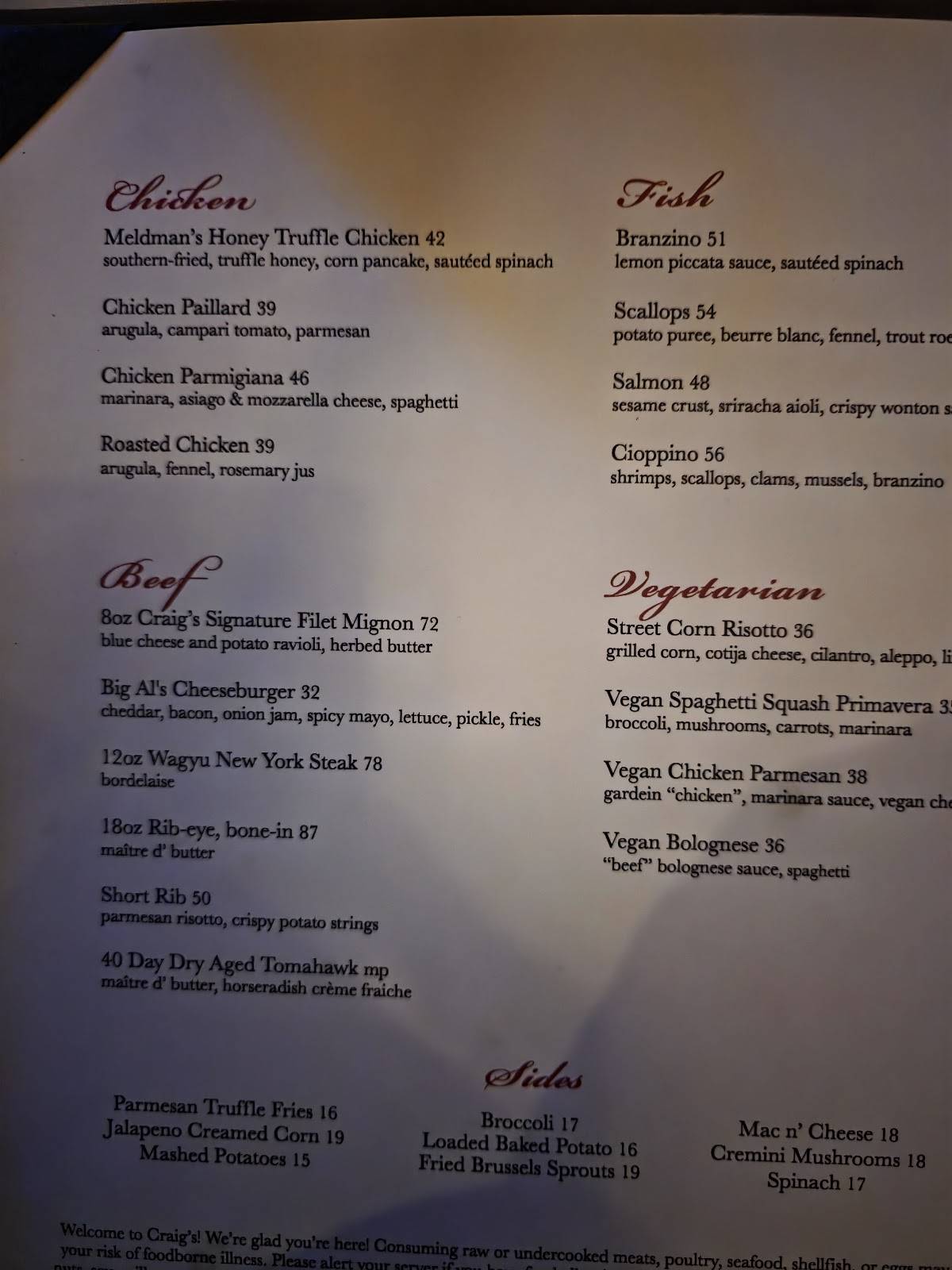 Menu at Craig's pub & bar, West Hollywood, Melrose Ave