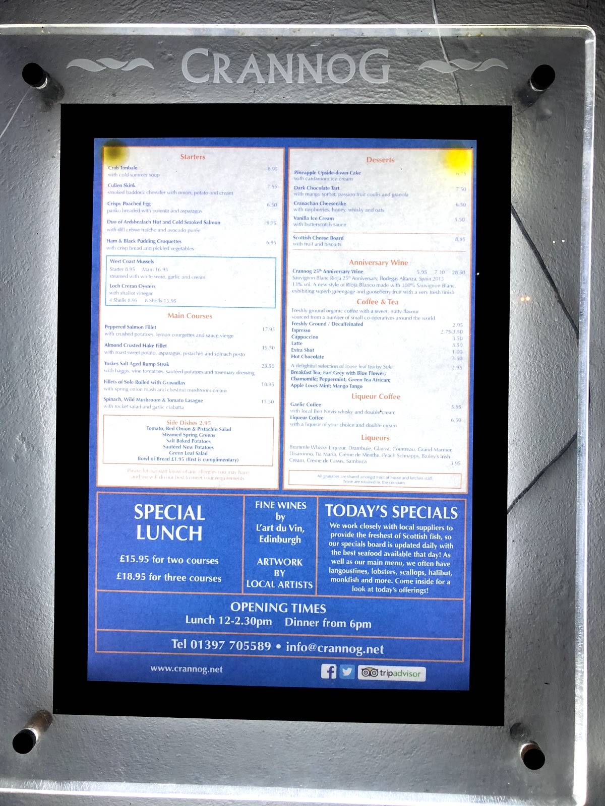Menu at Crannog Seafood Restaurant, Fort William
