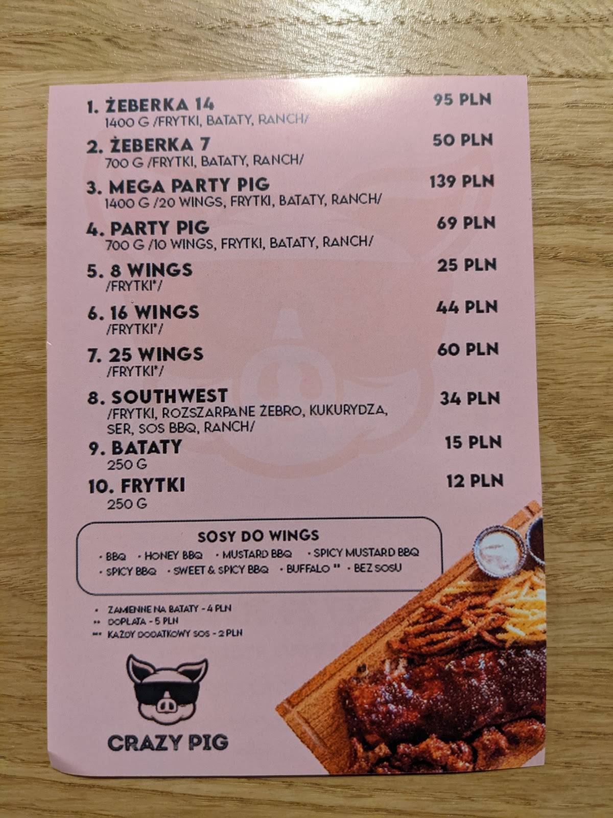 Menu at Crazy Pig Rzeszów restaurant, Rzeszow