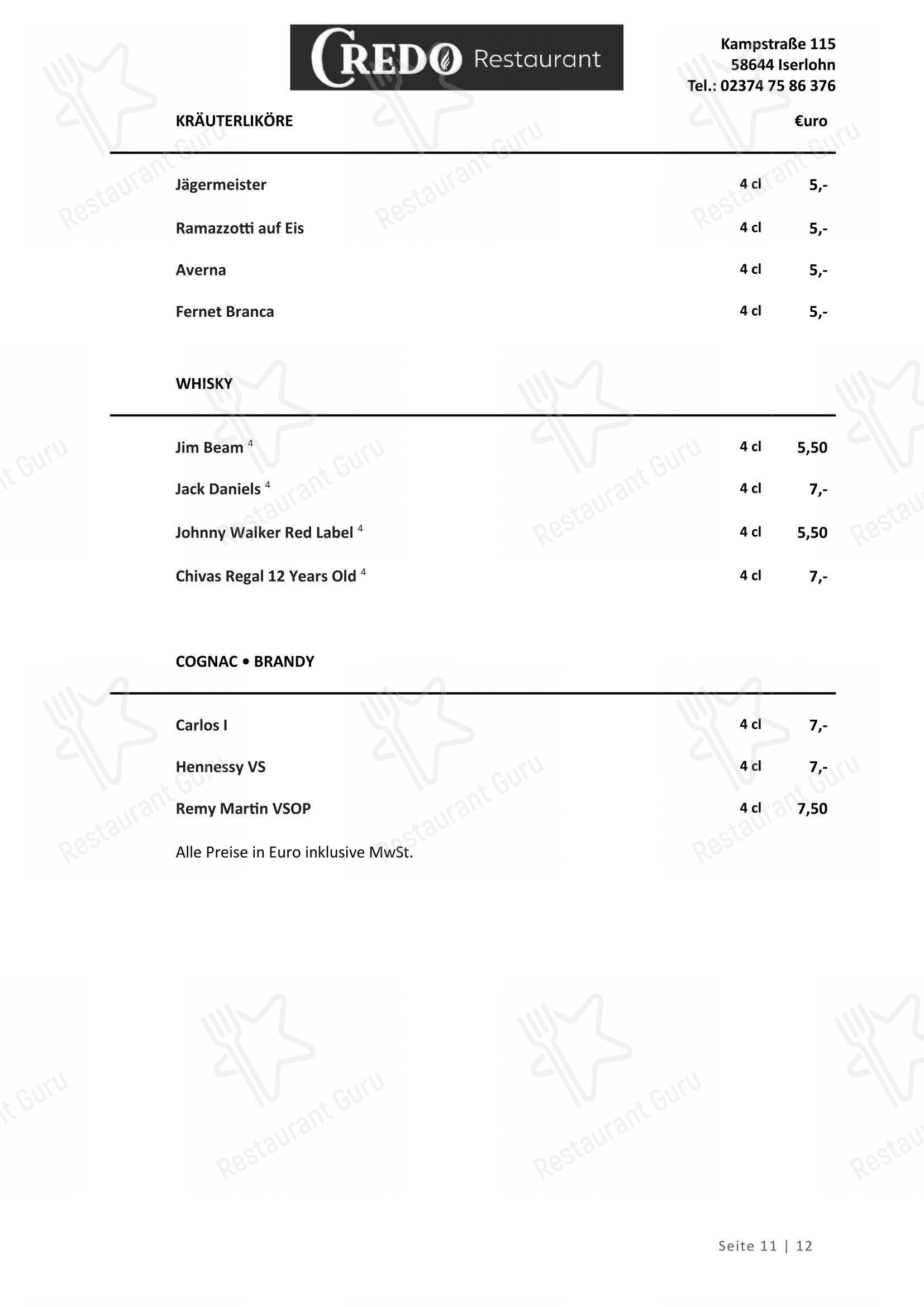 Speisekarte von Credo Restaurant, Iserlohn