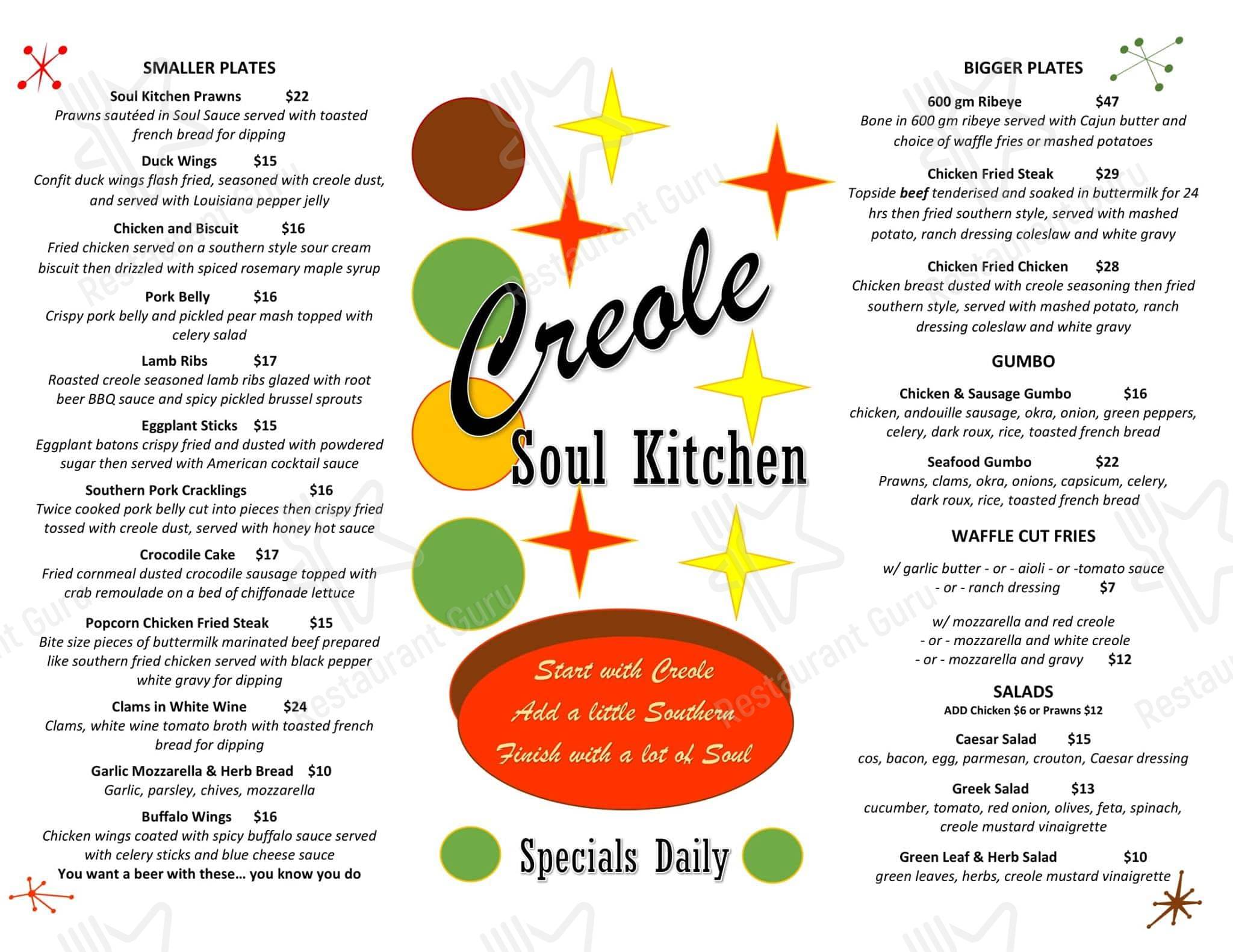 Menu at Creole Soul Kitchen restaurant, Spring Hill