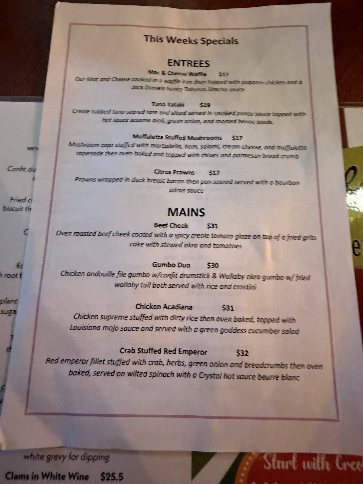 Menu at Creole Soul Kitchen restaurant, Spring Hill