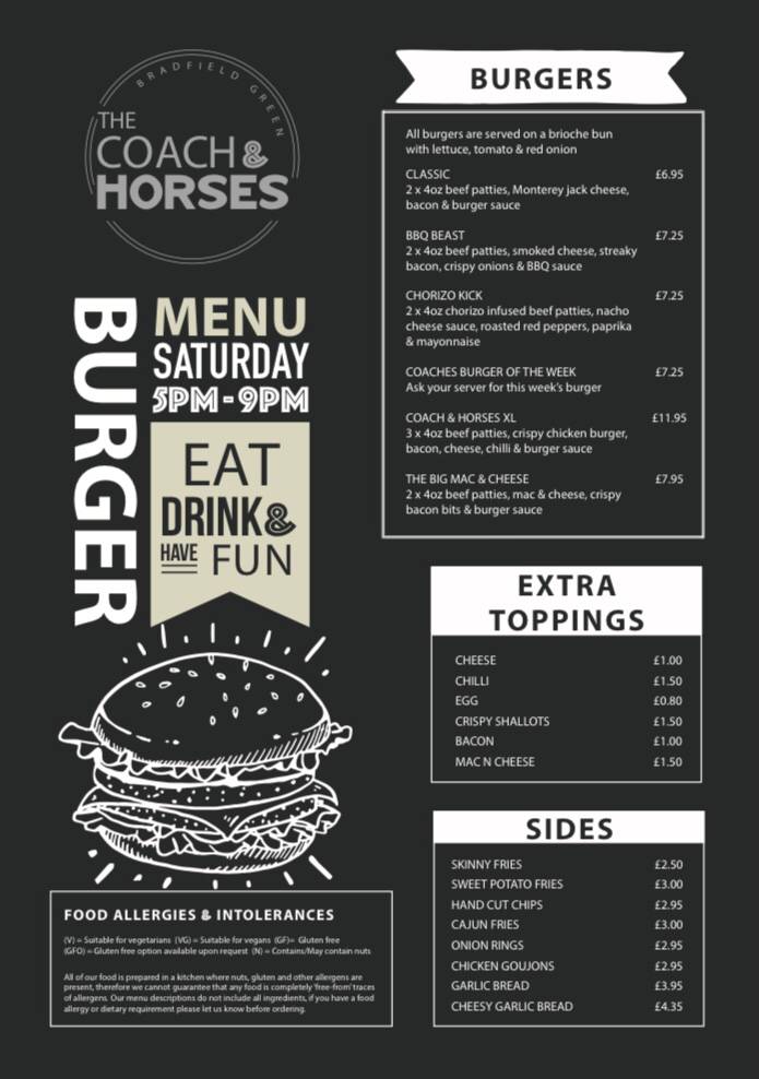 Menu at Coach & Horses pub & bar, Crewe