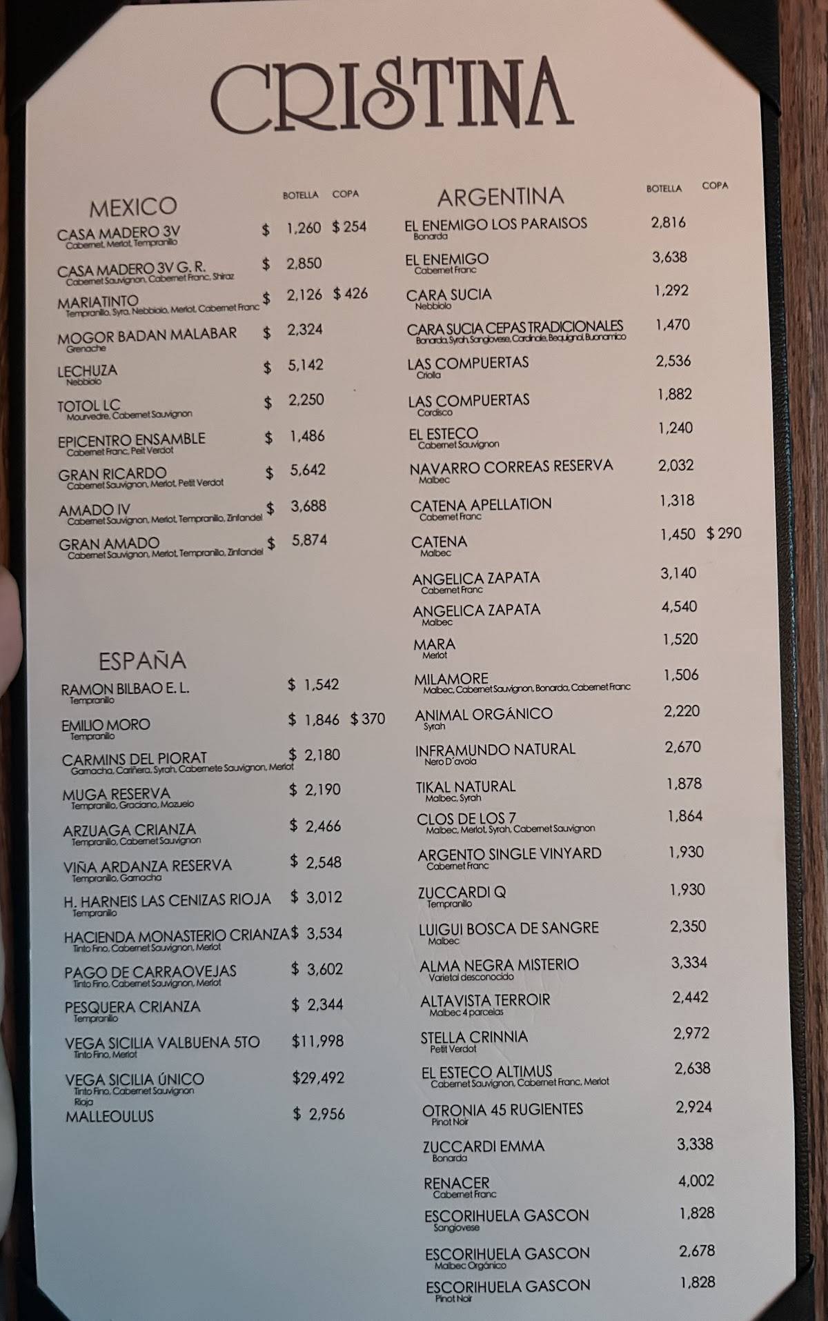 Carta del restaurante Cristina - Guadalajara, Zapopan