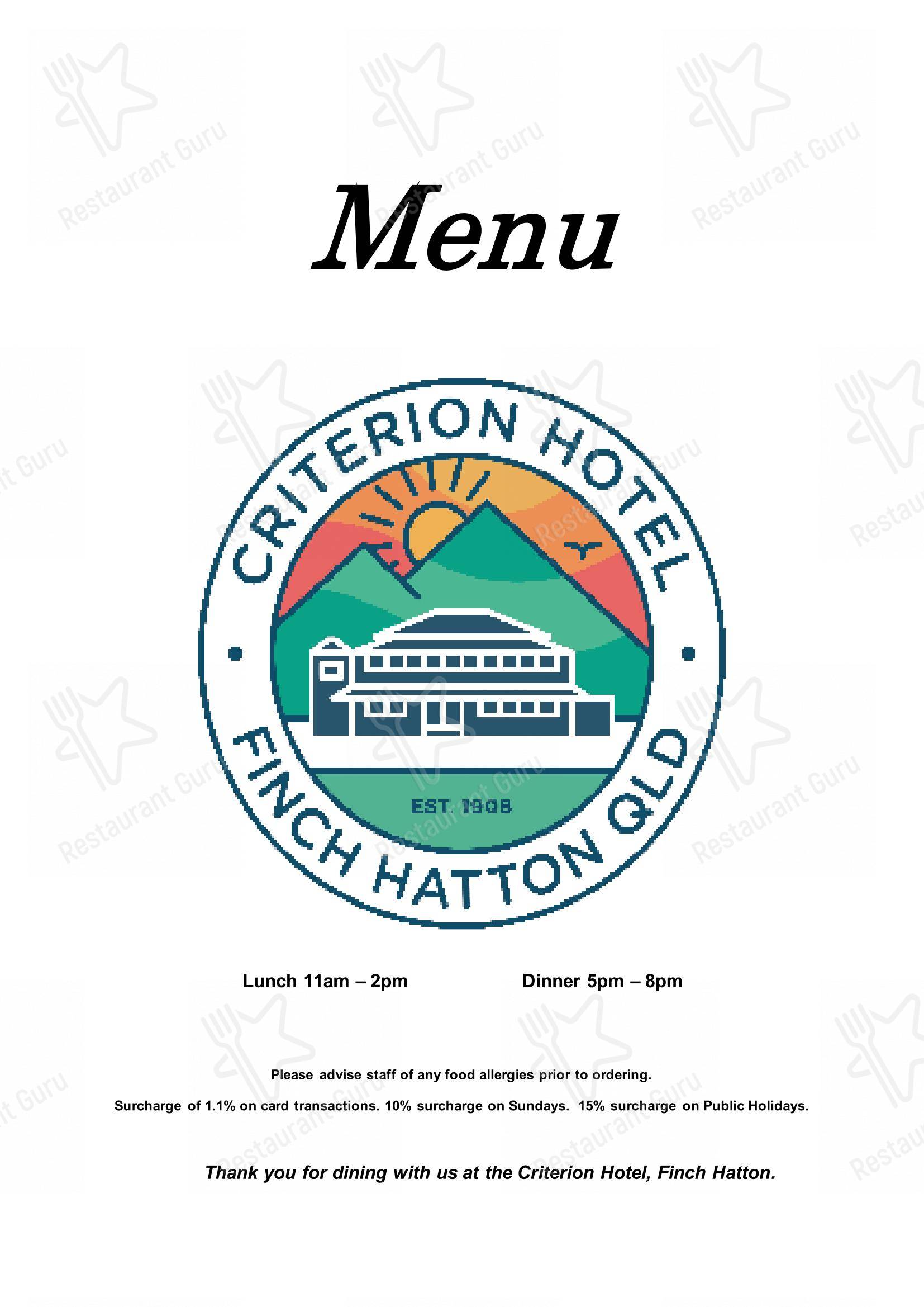 Menu at Criterion Hotel pub & bar, Finch Hatton