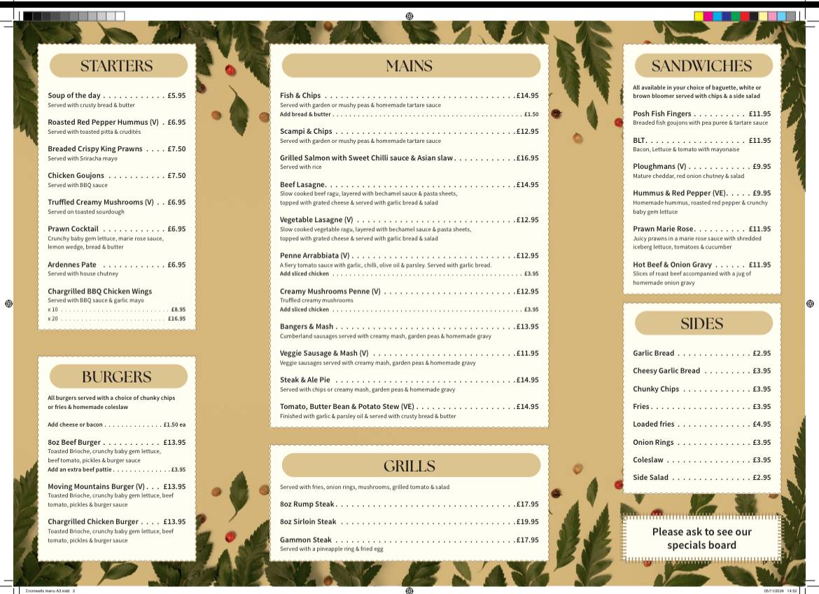 Menu at Cromwell's Collingham restaurant, Collingham