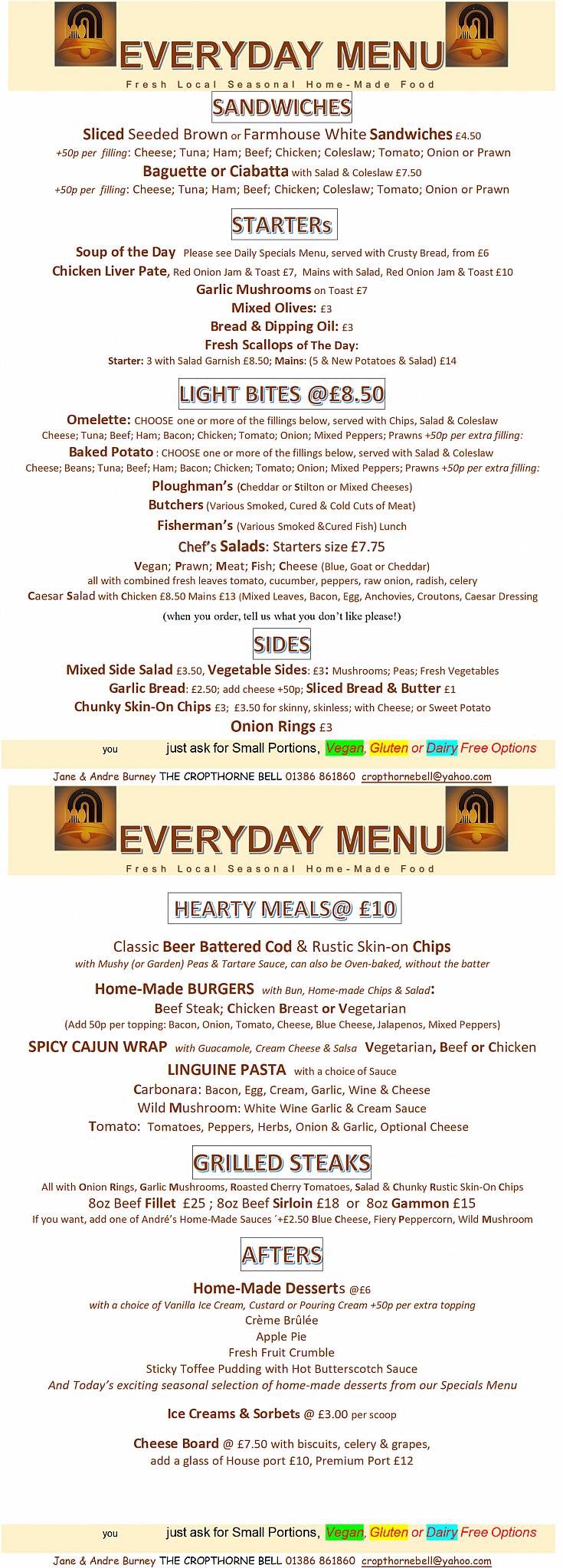 Menu at Cropthorne Bell Inn restaurant, Cropthorne