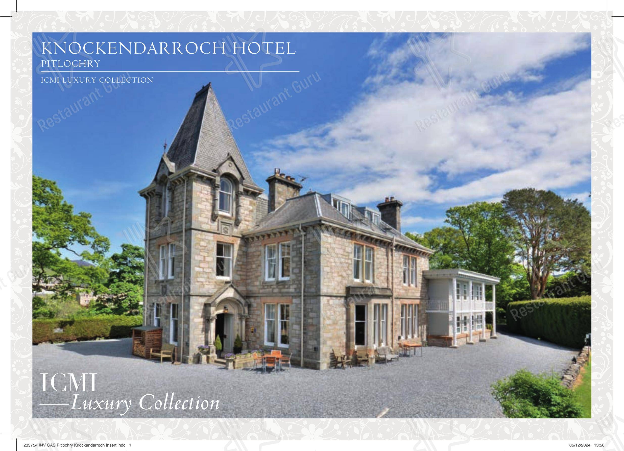 Menu at Crossbasket Castle, an SLH Hotel restaurant, Glasgow