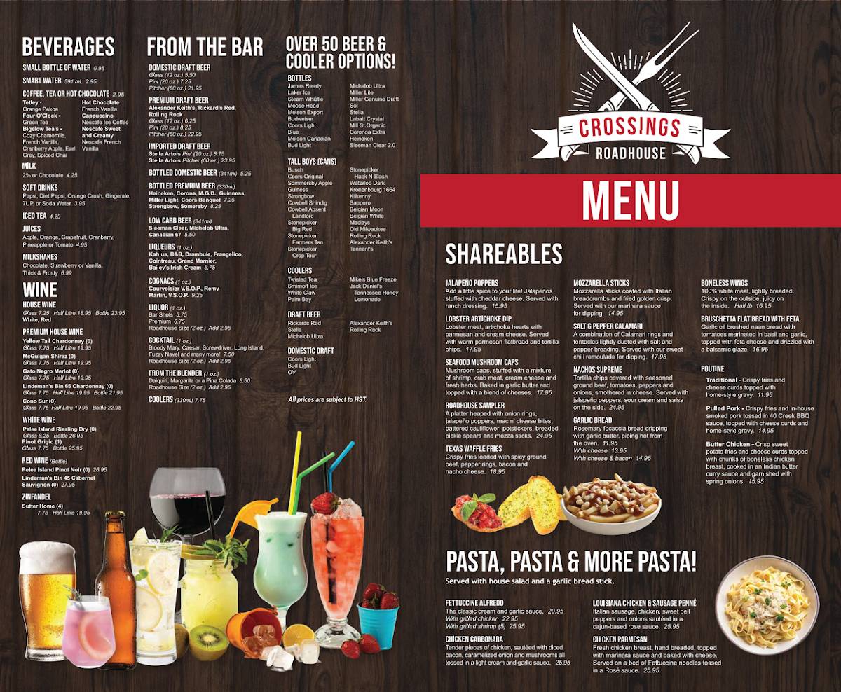 Menu at Crossings Roadhouse pub & bar, Lambton Shores