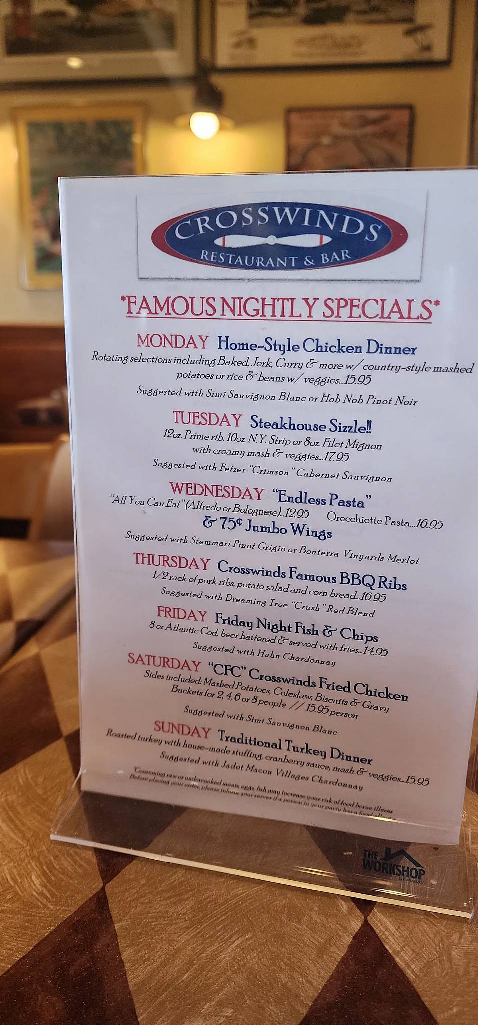 Carta de Crosswinds Restaurant, Nantucket