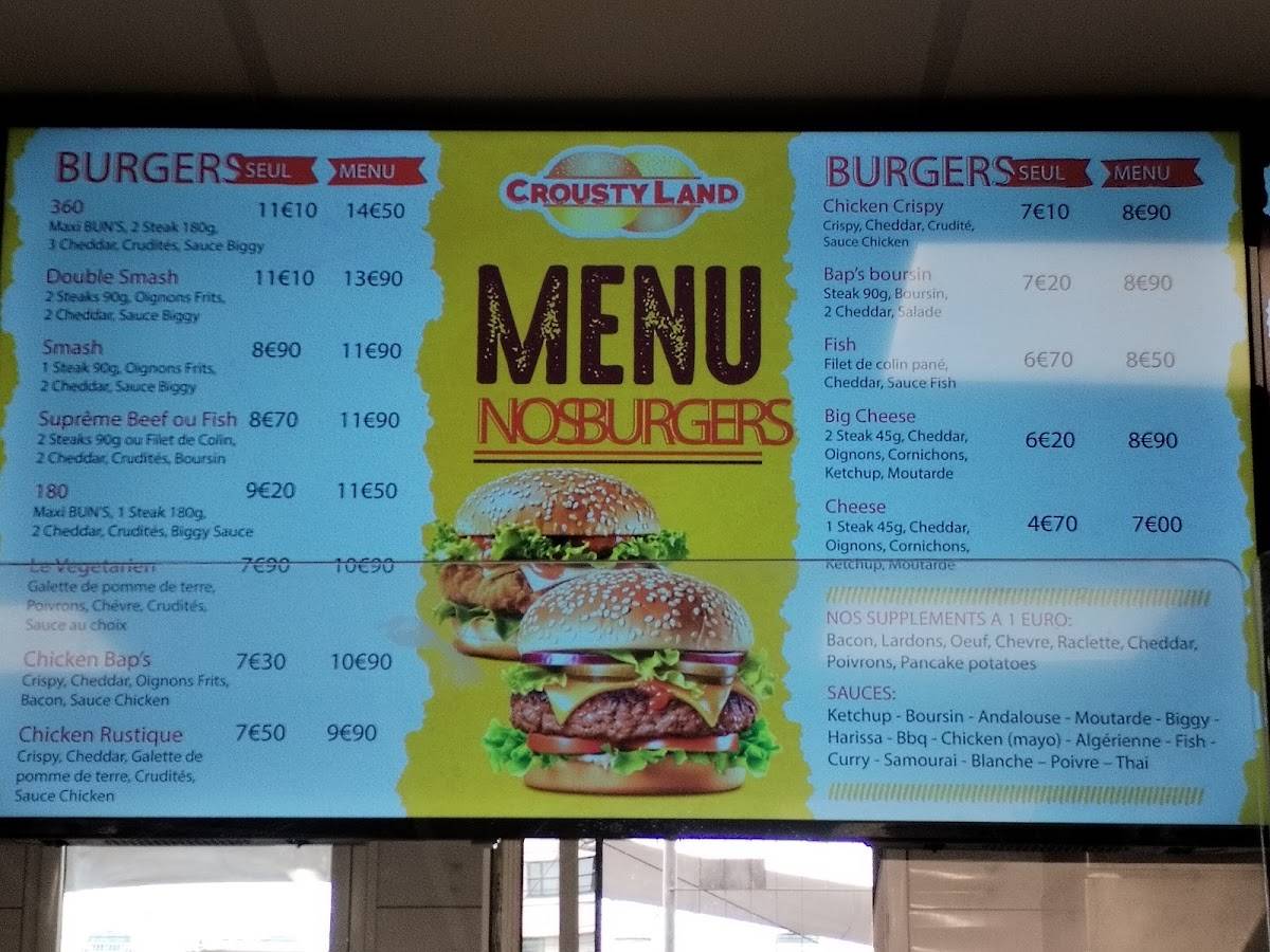 Menu at Crousty Land fast food, Le Mans
