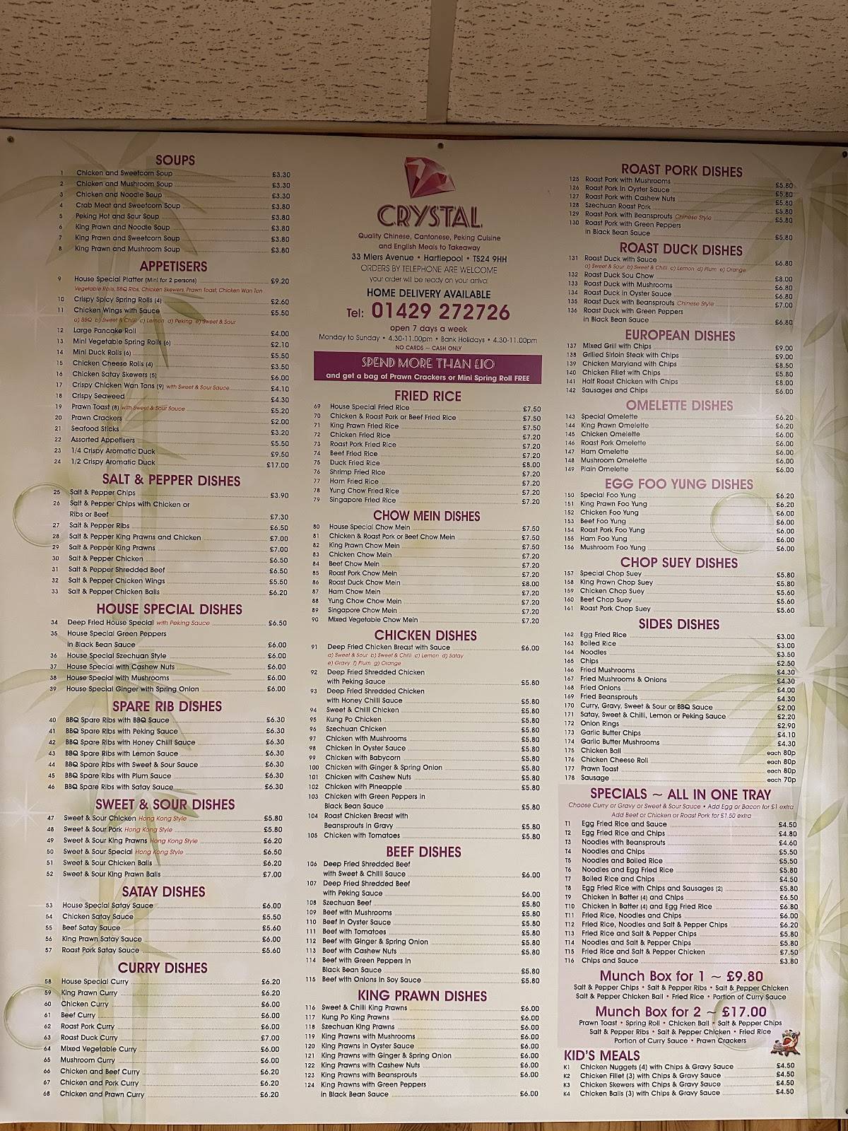 Menu at Crystal Chinese Takeaway restaurant, Hartlepool