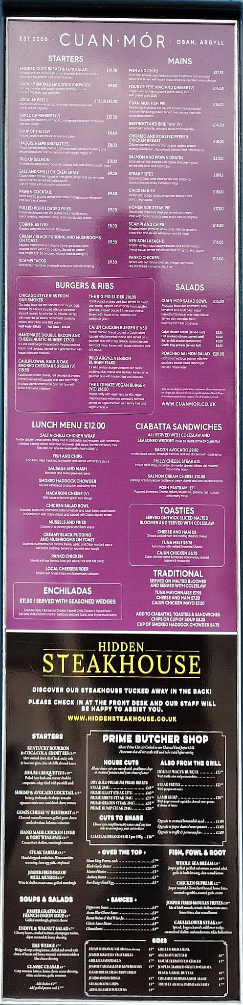 Menu at Cuan Mor restaurant, Oban