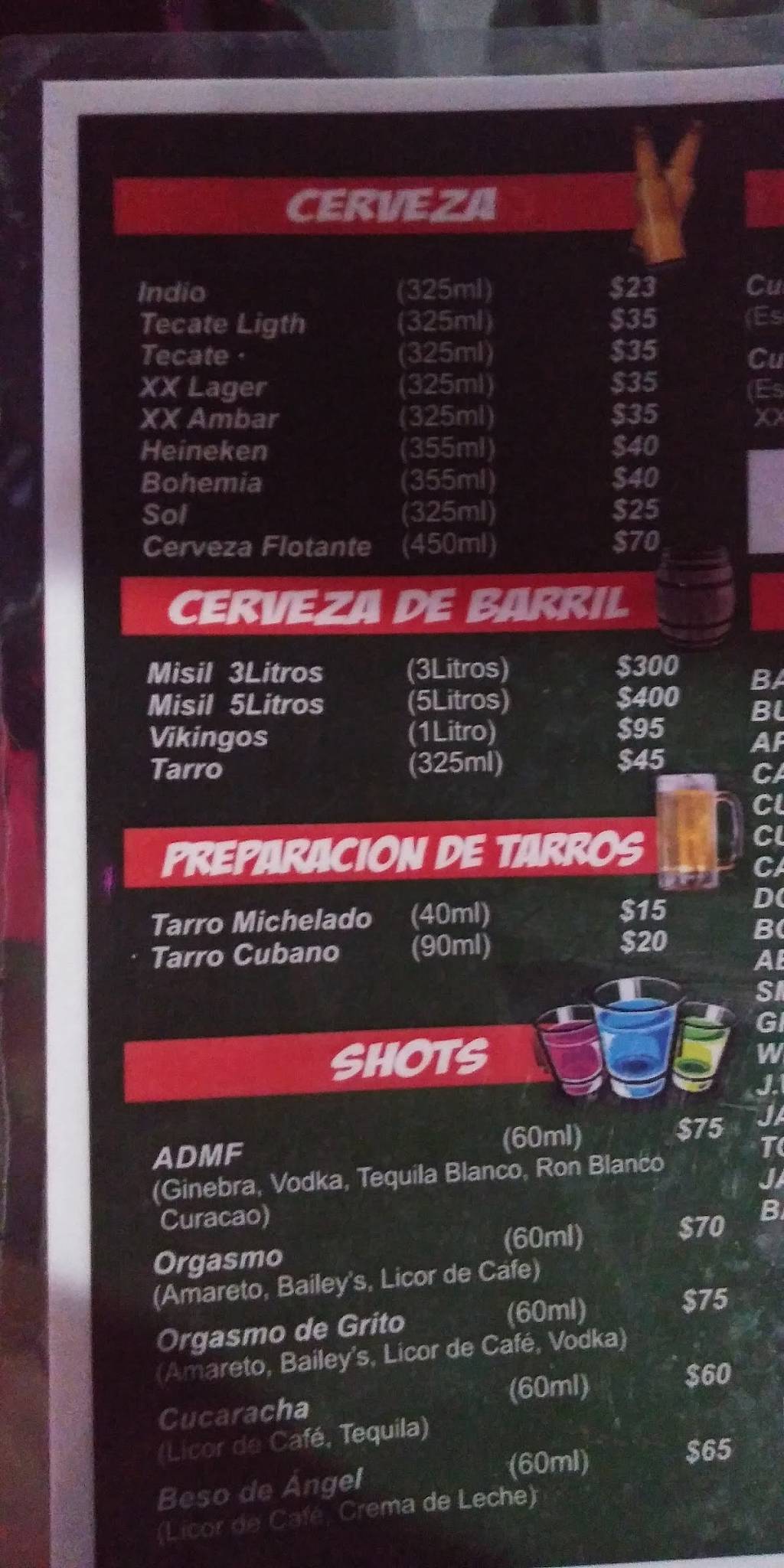 Carta del pub y bar Cueva De Lobos, Ciudad del México, C. Génova 30