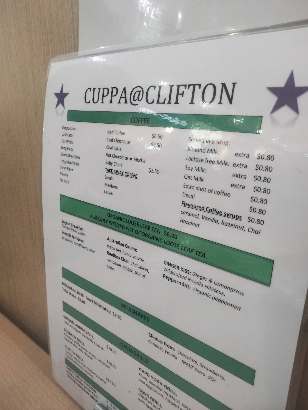 Menu at Cuppa@clifton cafe, Clifton Beach