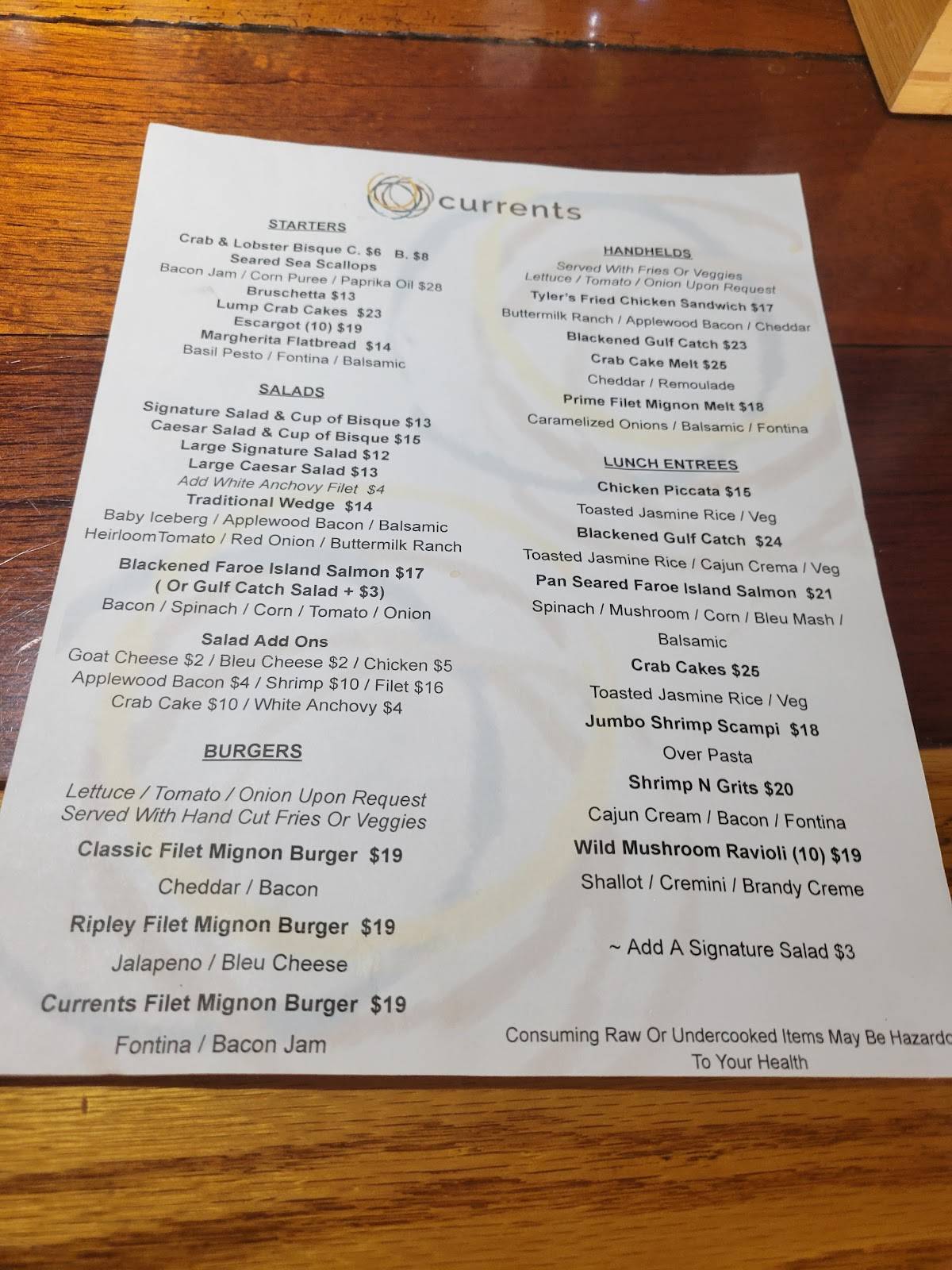 Menu at Currents Cuisine & Historic Event Hall pub & bar, Tarpon Springs