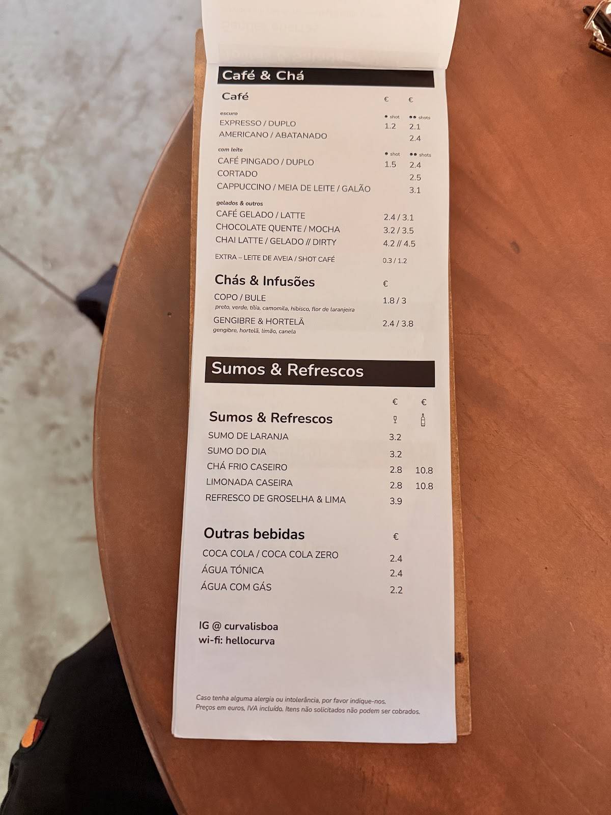 Menu at Curva cafe, Lisbon