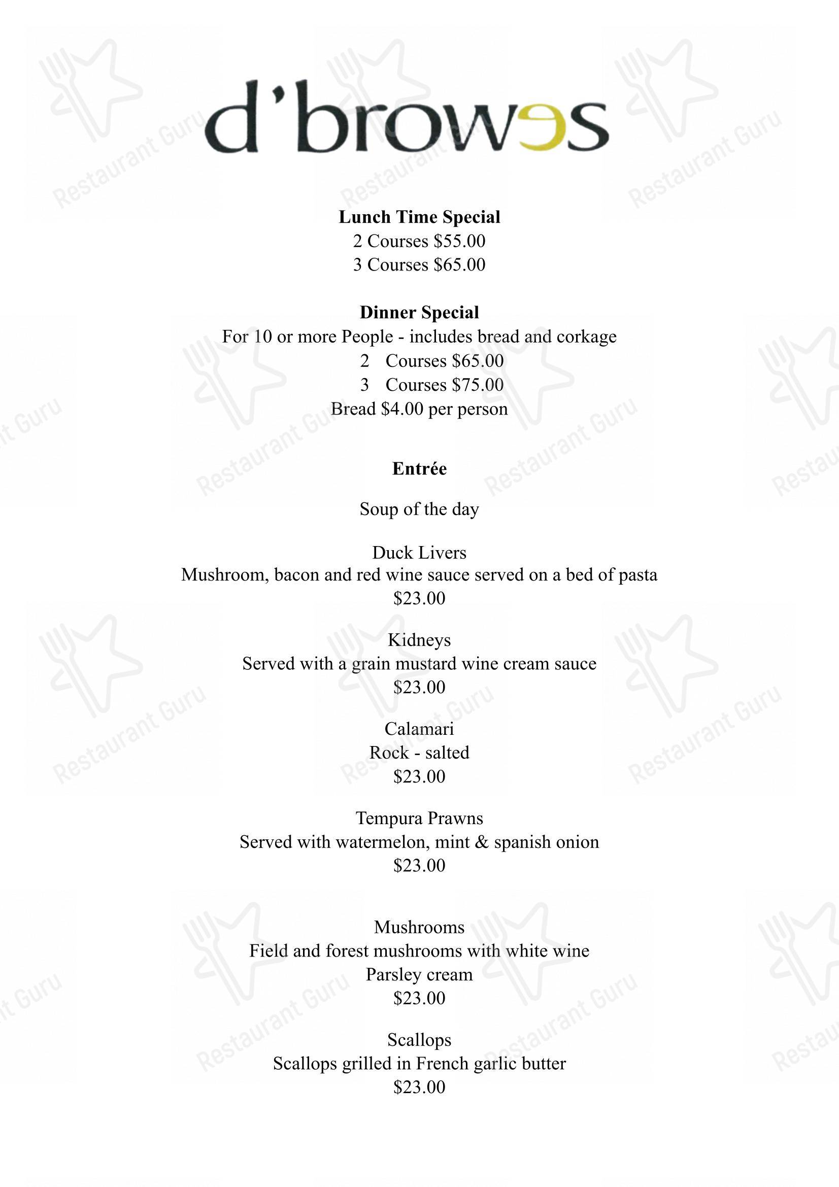 Menu at D’Browes Restaurant, Narrabundah