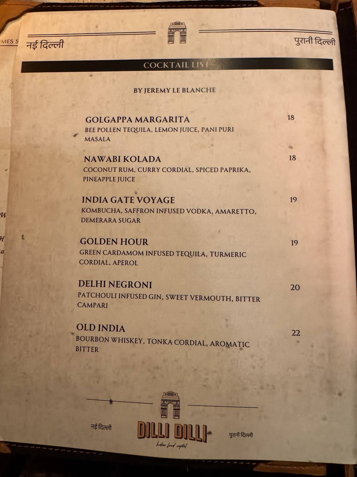 Menu at DILLI DILLI restaurant, New York City