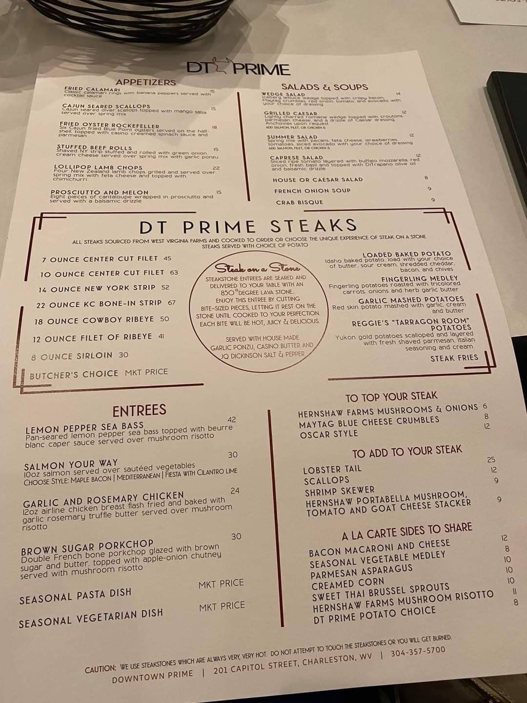 Menu at DT Prime Steakhouse, Charleston