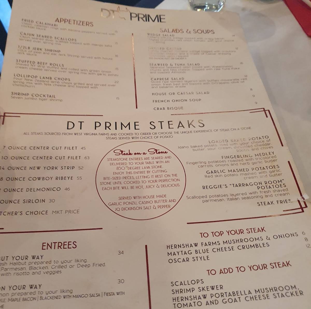 Menu at DT Prime Steakhouse, Charleston