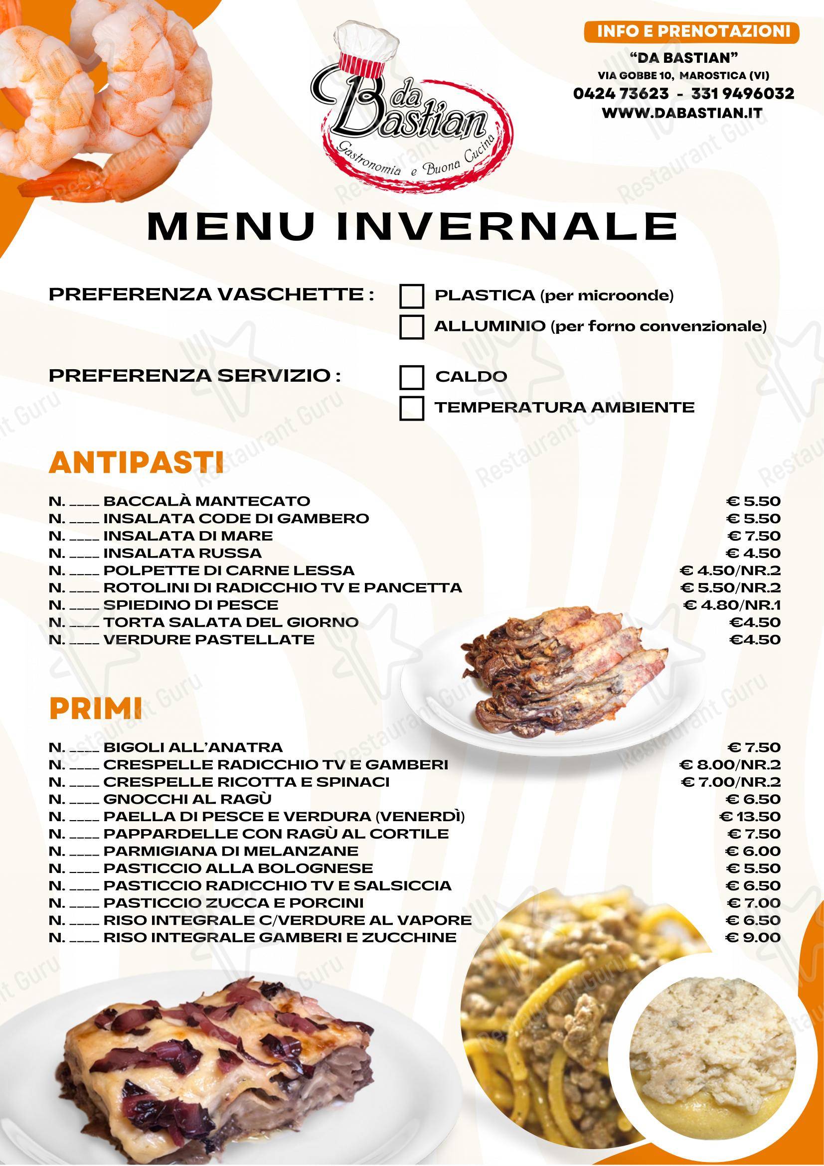Menu da Da Bastian self-service, Marostica