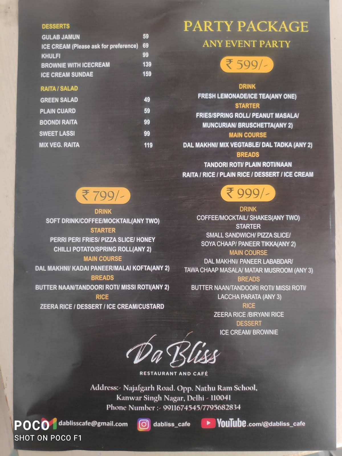 Menu at Da Bliss, Delhi
